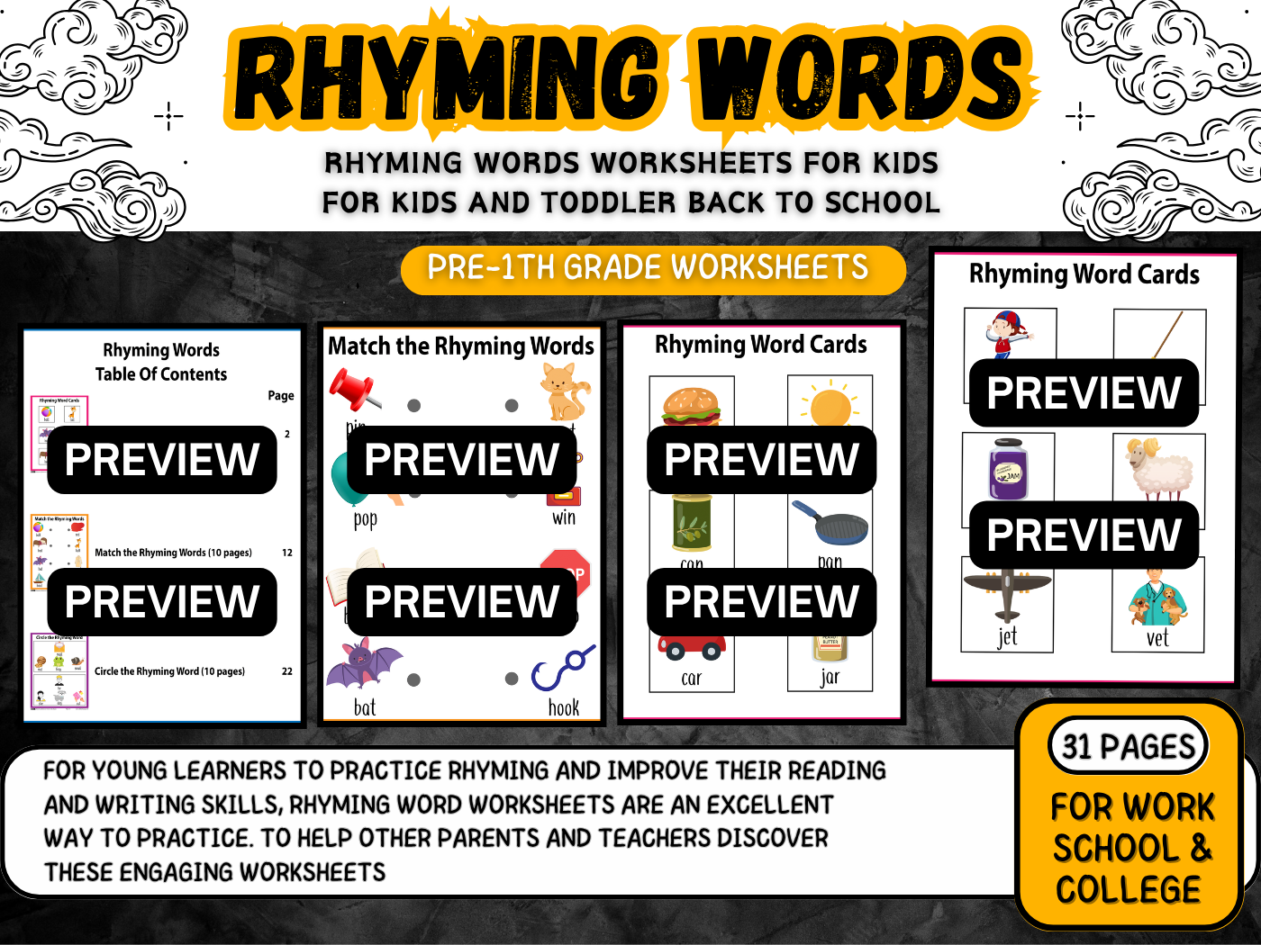 Rhyming Words Worksheets BACK TO SCHOOL | Teaching Resources