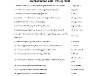 Reproduction and Development Matching Worksheet for Biology II ...
