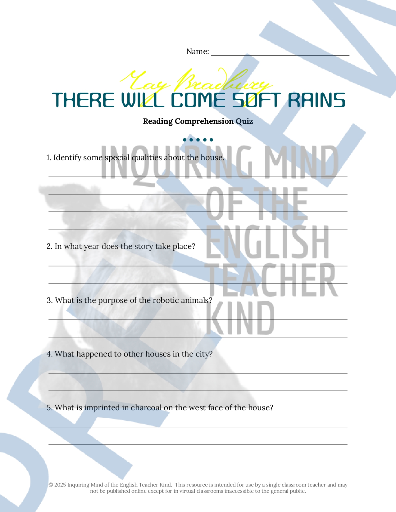 "There Will Come Soft Rains" by Ray Bradbury Quiz and Answer Key ...