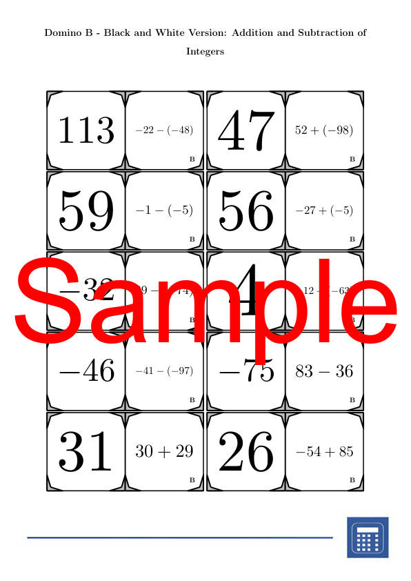 Domino | Addition and Subtraction of Integers | Math Activity ...