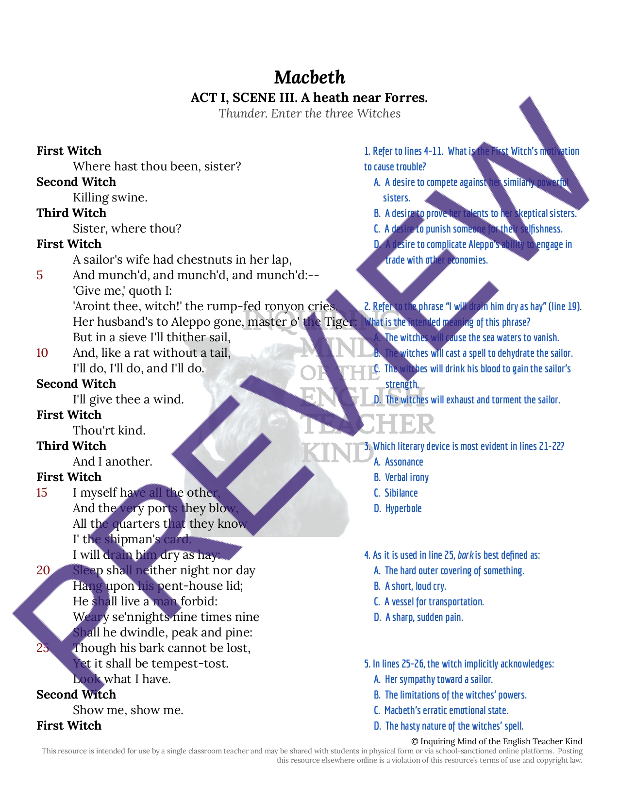 Macbeth Act 1 Scene 3 Close Reading Worksheet | Teaching Resources