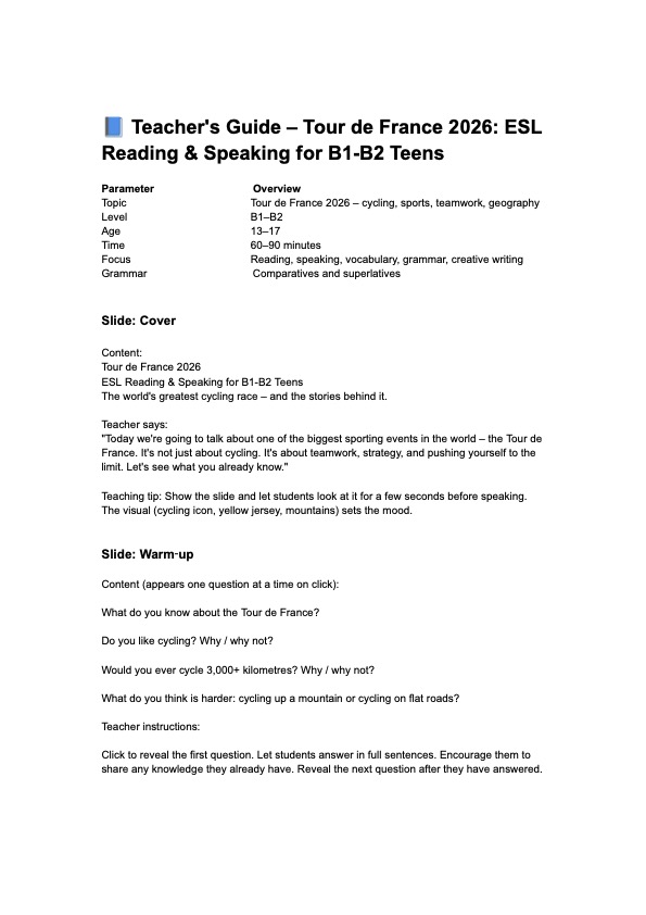Tour de France 2026: ESL Reading & Speaking for B1-B2 Teens | Teaching ...