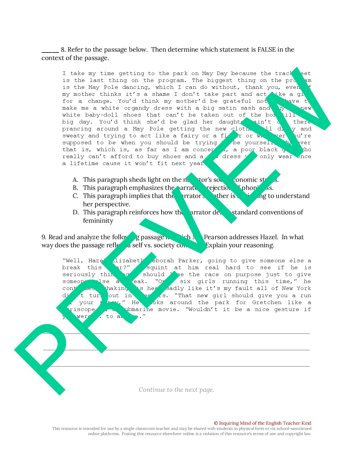 "Raymond's Run" by Toni Cade Bambara Close Reading Worksheet | Teaching ...