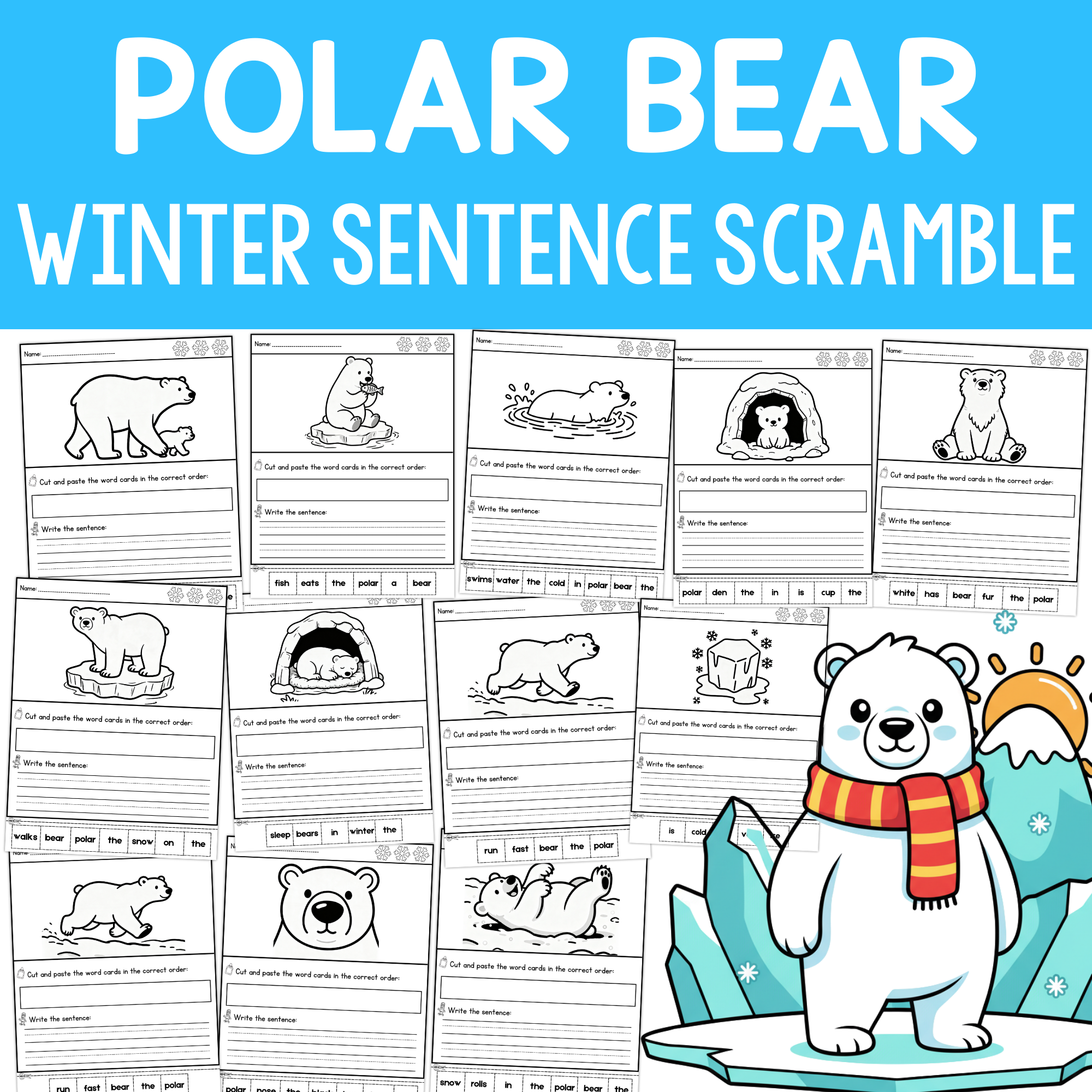 Polar Bear Winter Sentence Scramble with Cut and Paste Worksheets ...