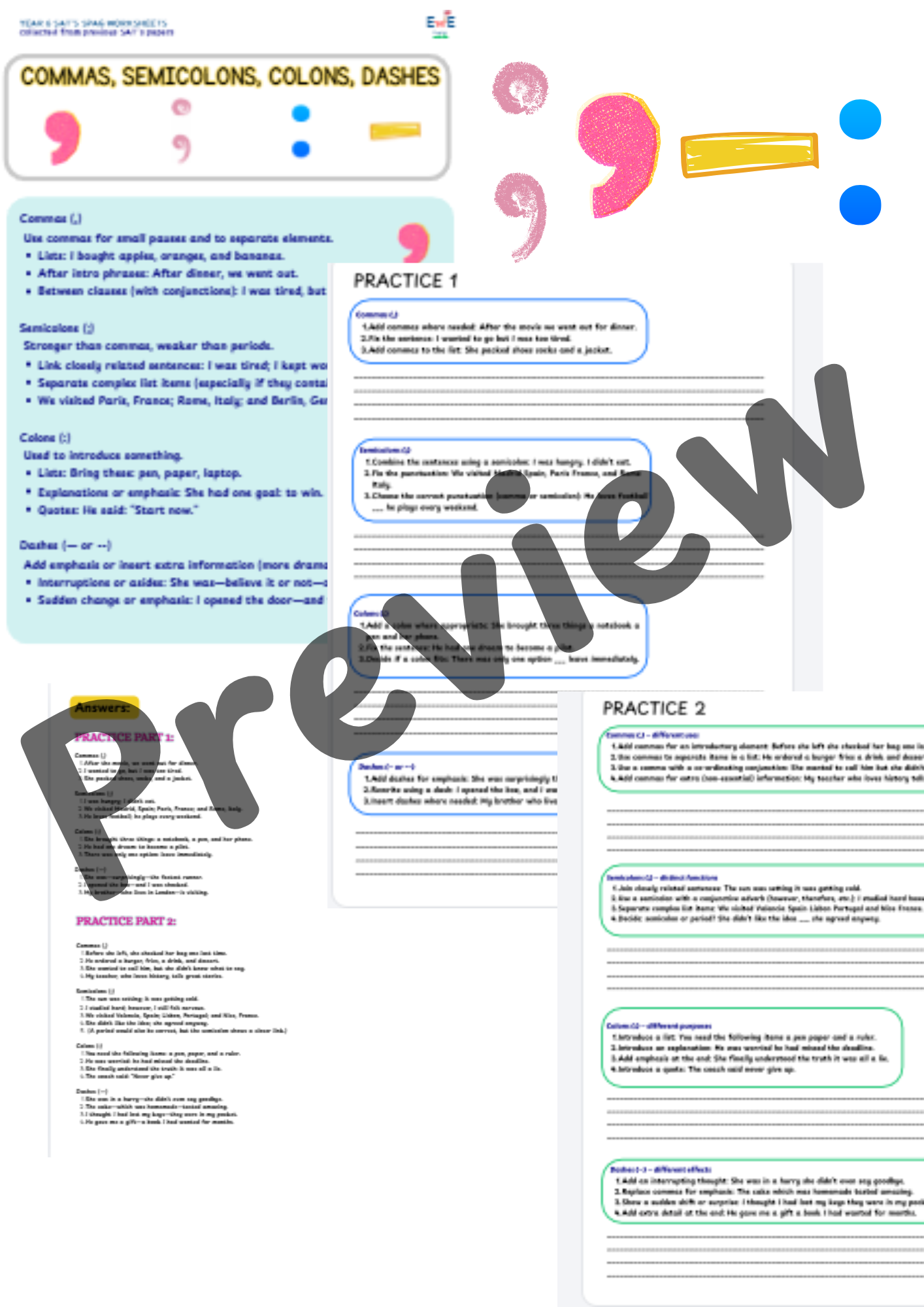 Commas, Semicolons, Colons, Dashes- Year 6 SPAG SAT's - GRAMMAR ...