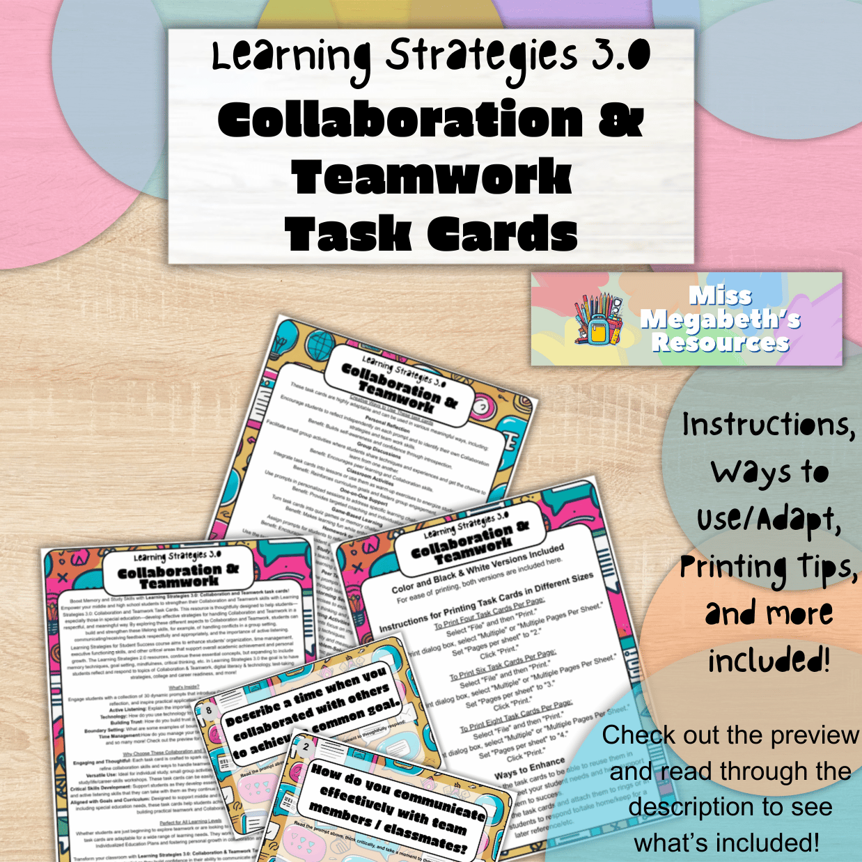 Learning Strategies 3.0: Collaboration & Teamwork Task Cards - No Prep ...