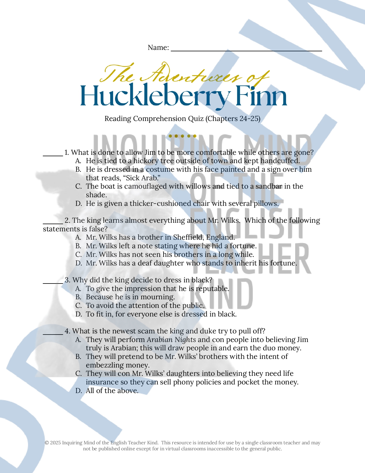 The Adventures of Huckleberry Finn Chapters 24 and 25 Quiz and Answer ...