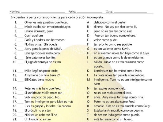 Comparisons with As ...+... As Sentence Match Spanish Worksheet ...