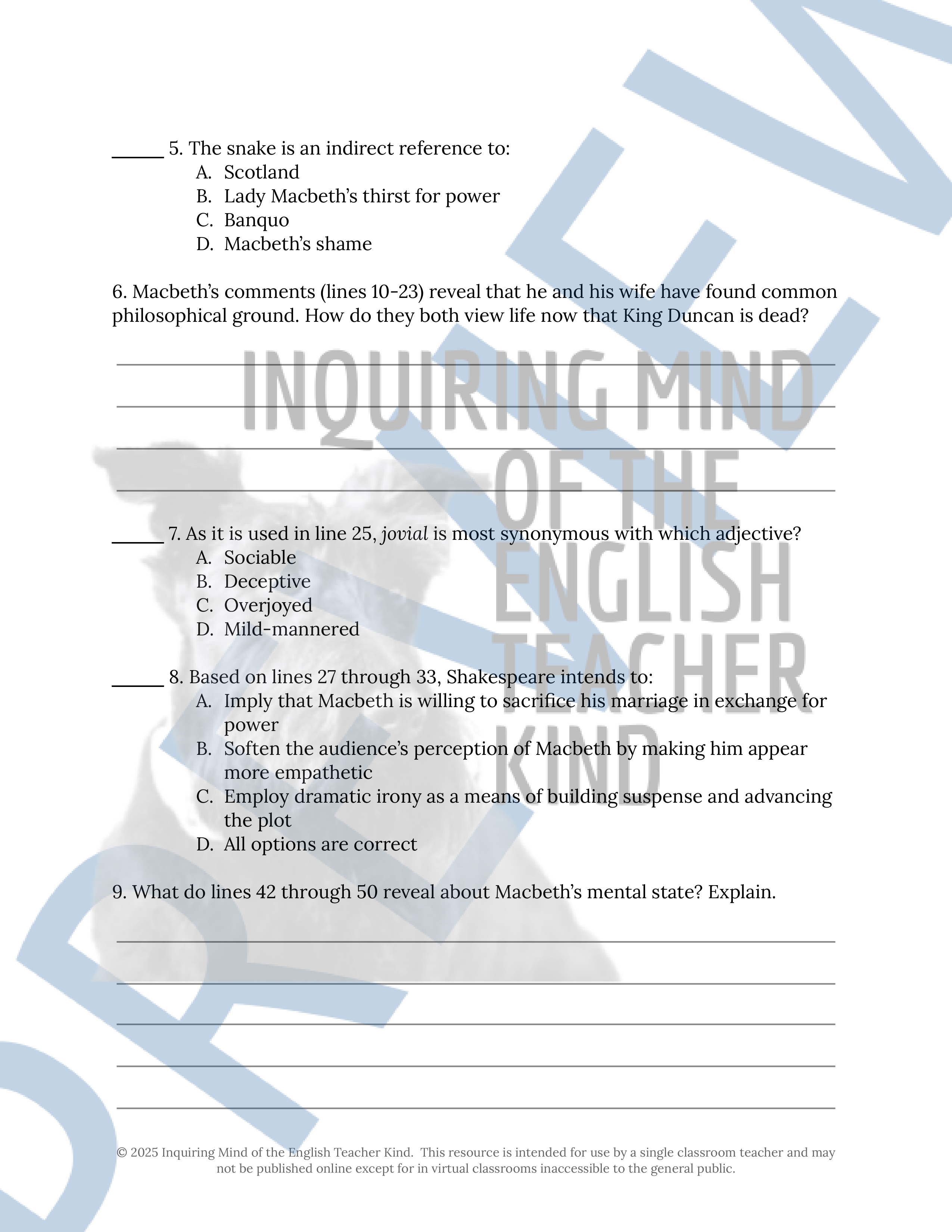 Macbeth Act 3 Scene 2 Close Reading Worksheet | Teaching Resources