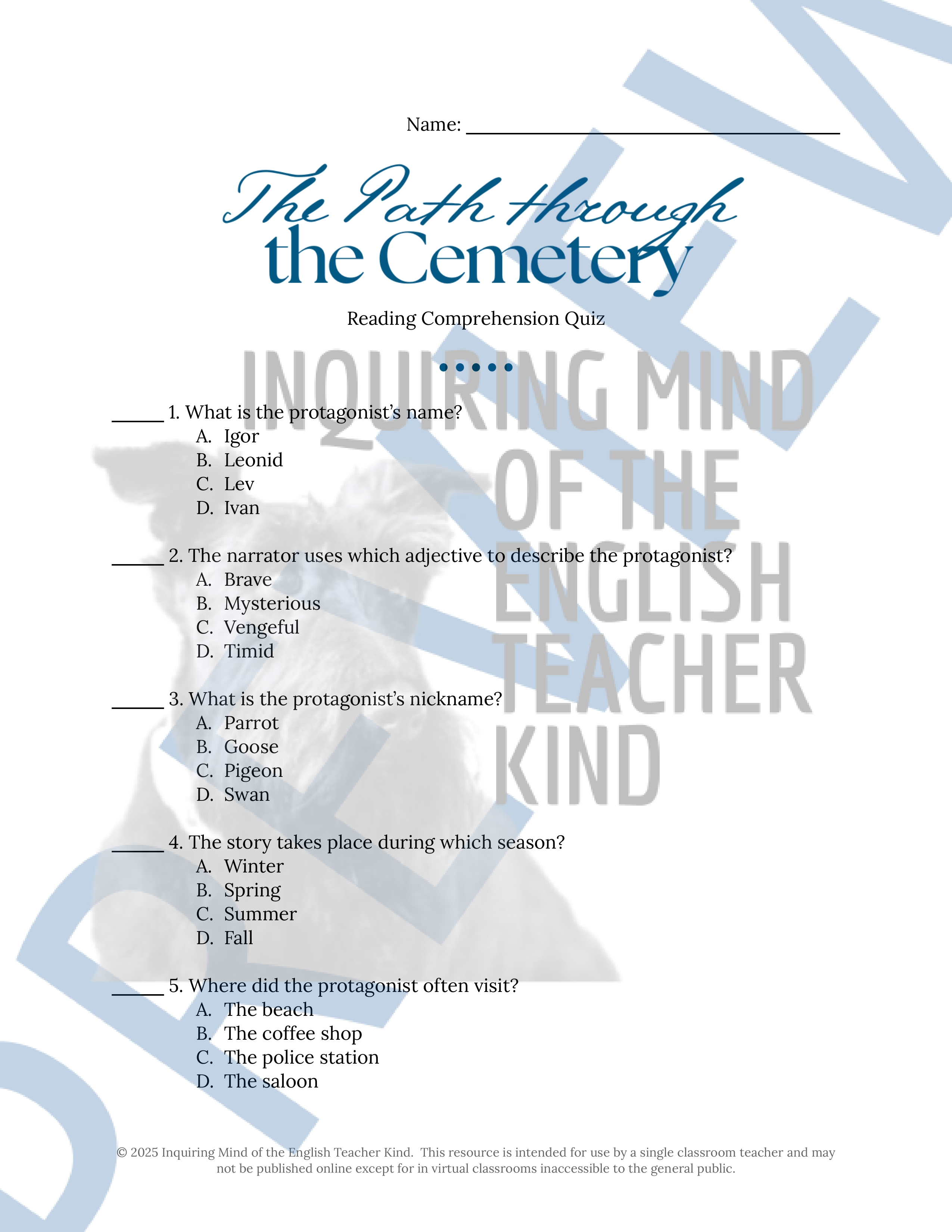 "The Path through the Cemetery" by Leonard Q. Ross Quiz and Answer Key ...