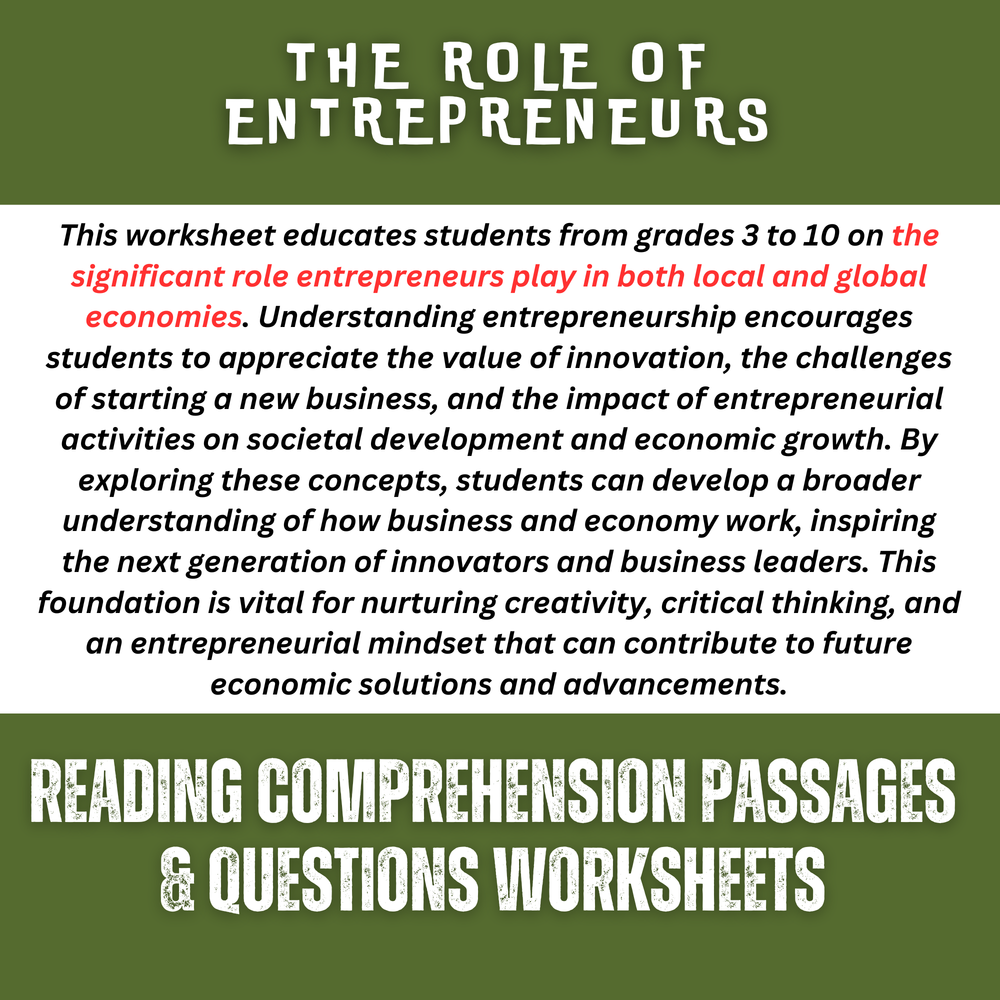 The Role of Entrepreneurs - Economics Reading Worksheet | Teaching ...
