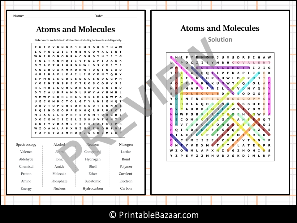 Atoms and Molecules Word Search Puzzle Worksheet Activity | Teaching ...