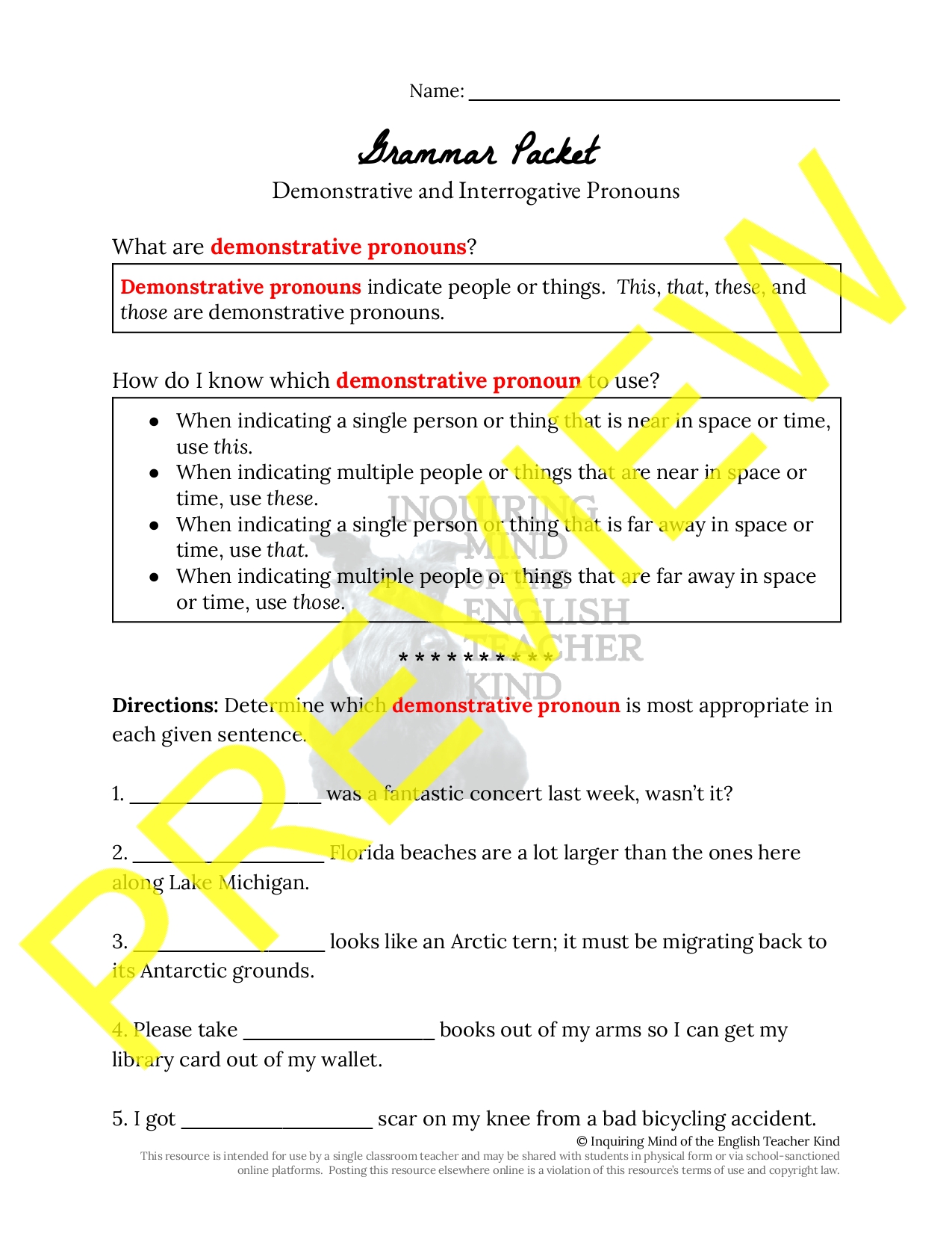Grammar Worksheet on Demonstrative and Interrogative Pronouns ...