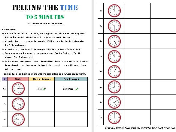 Telling The Time To 5 Minutes Designed For Online Teaching Resources