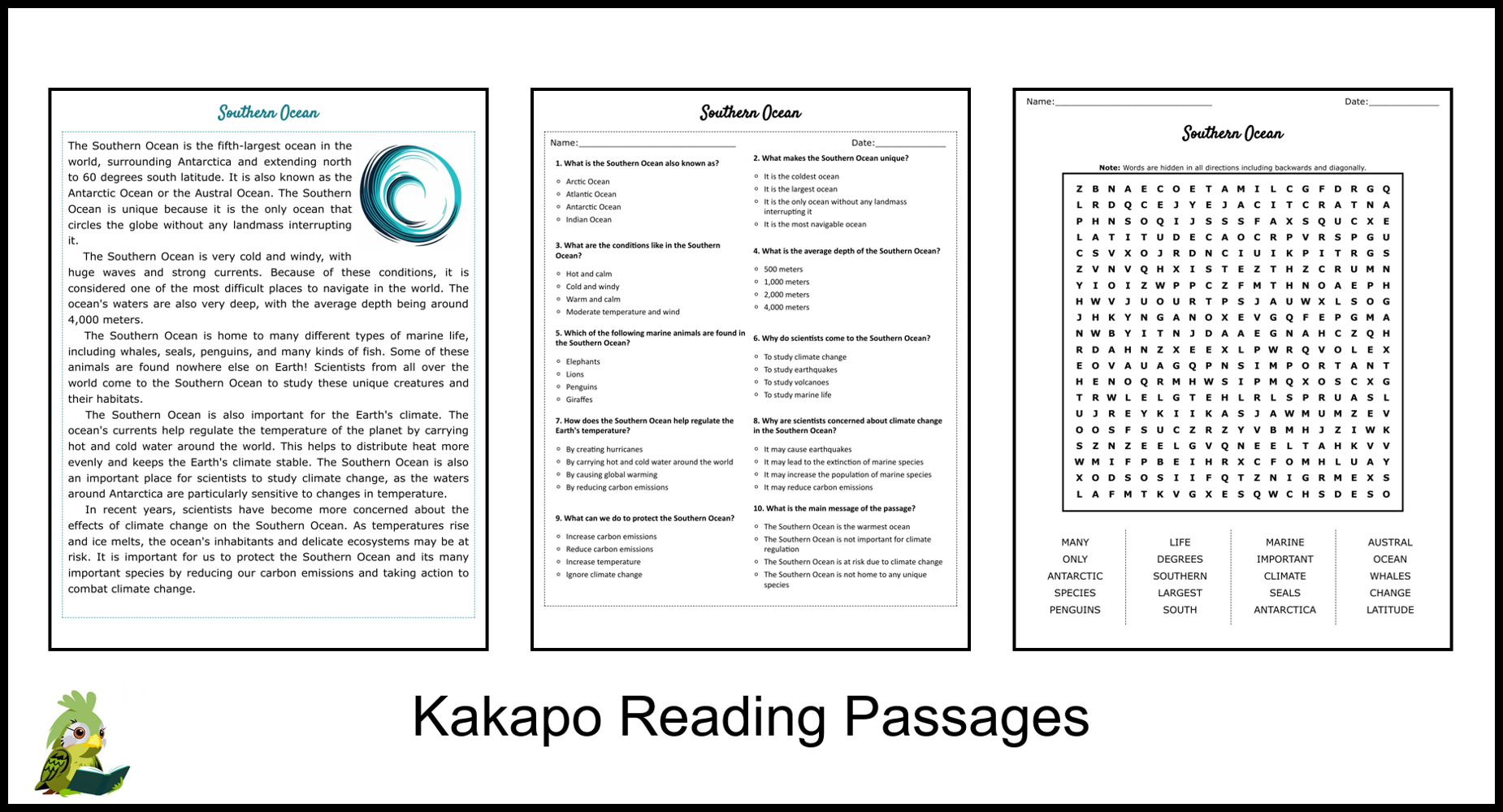 Southern Ocean Reading Comprehension and Word Search | Teaching Resources