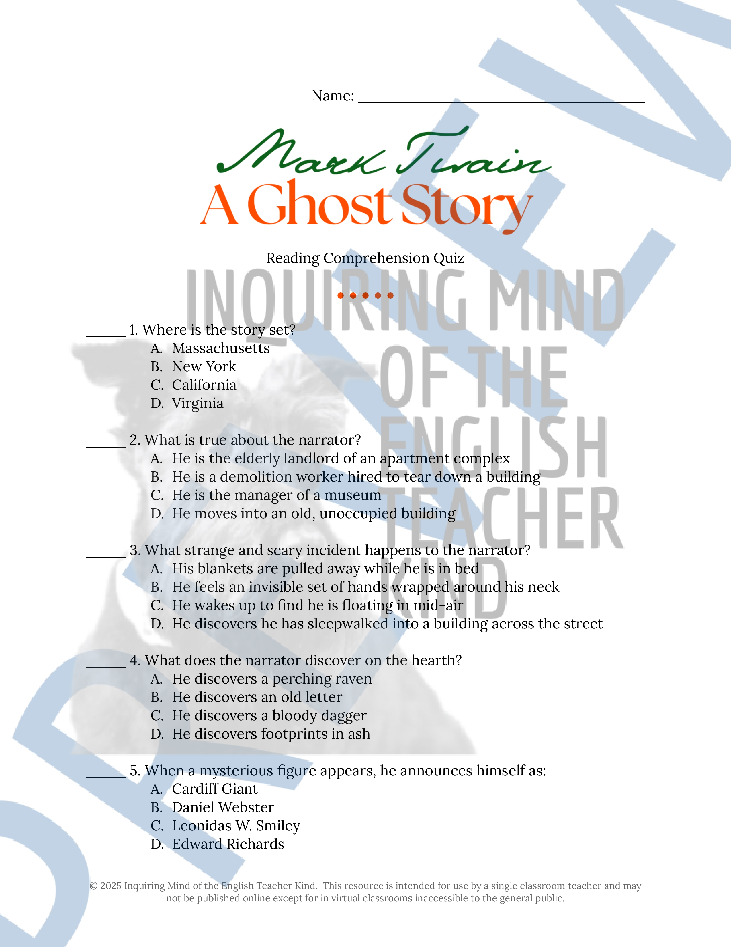 "A Ghost Story" by Mark Twain Quiz and Key (Satirical Fiction for ...