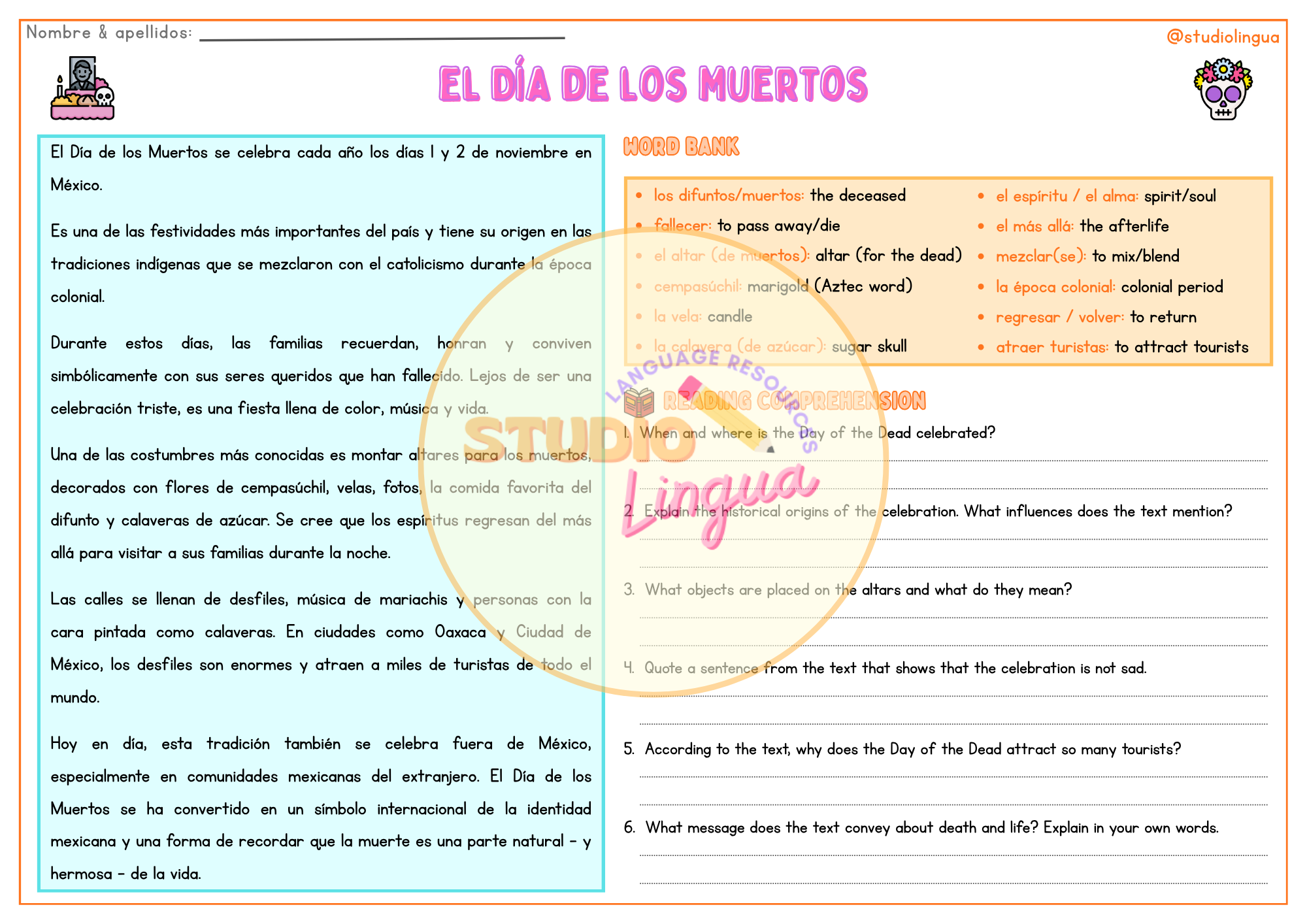 Spanish Day of the Dead Reading | National 5 / GCSE | El Día de los ...