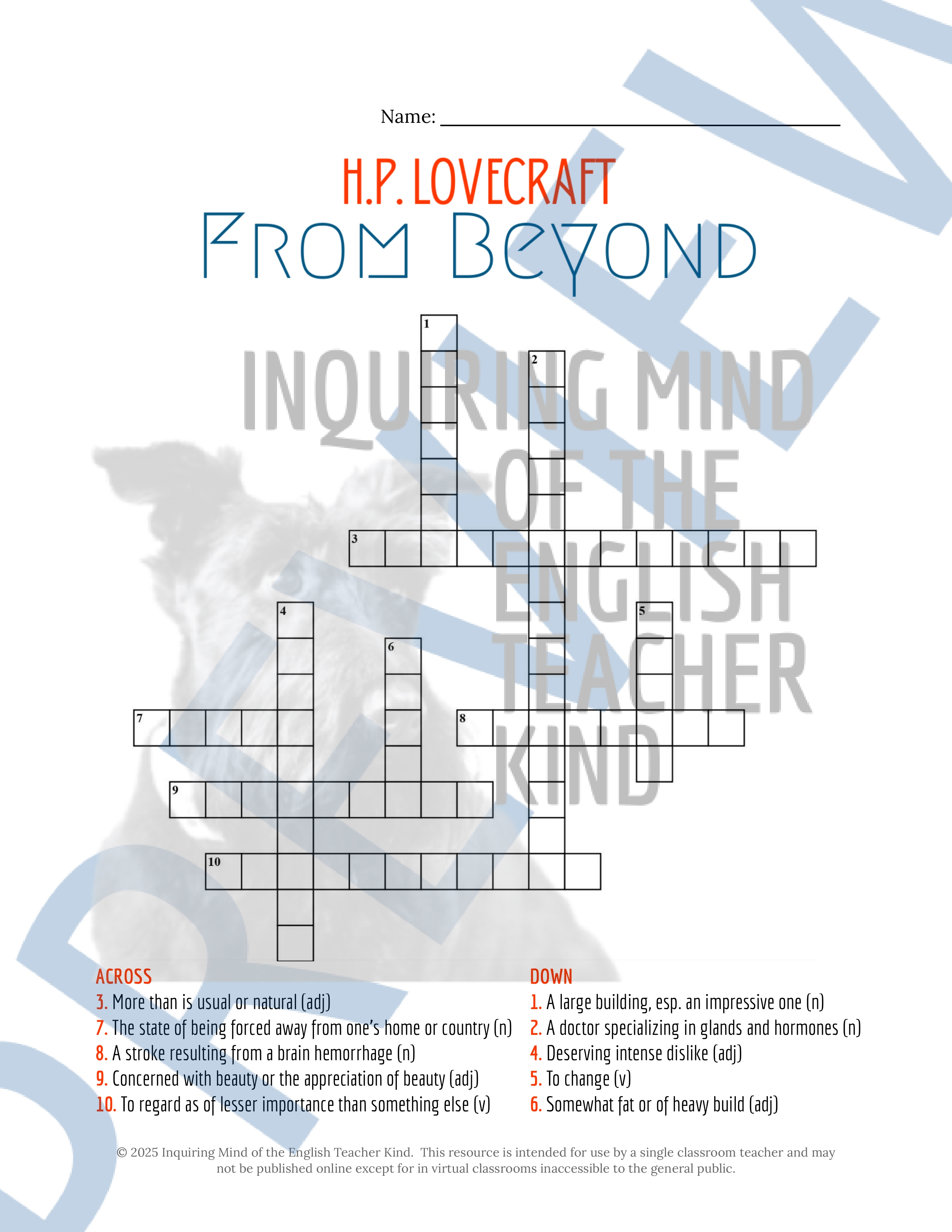 "From Beyond" by H.P. Lovecraft Vocabulary Activities | Teaching Resources