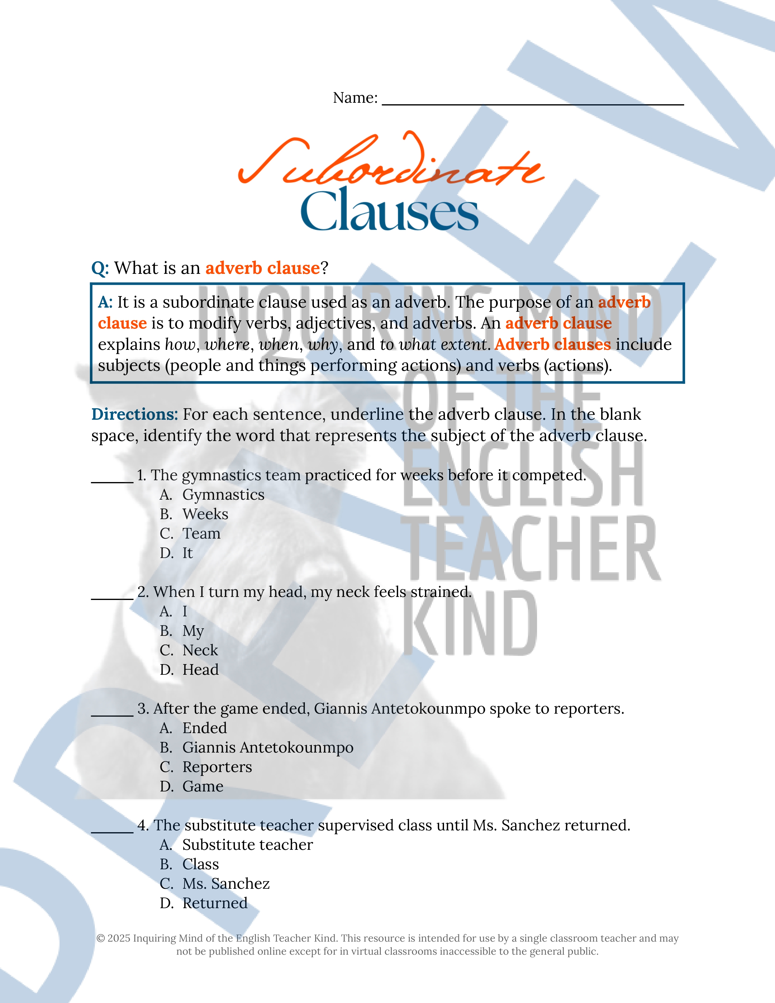 Grammar Practice Worksheet on Subordinate Clauses with Answer Key ...