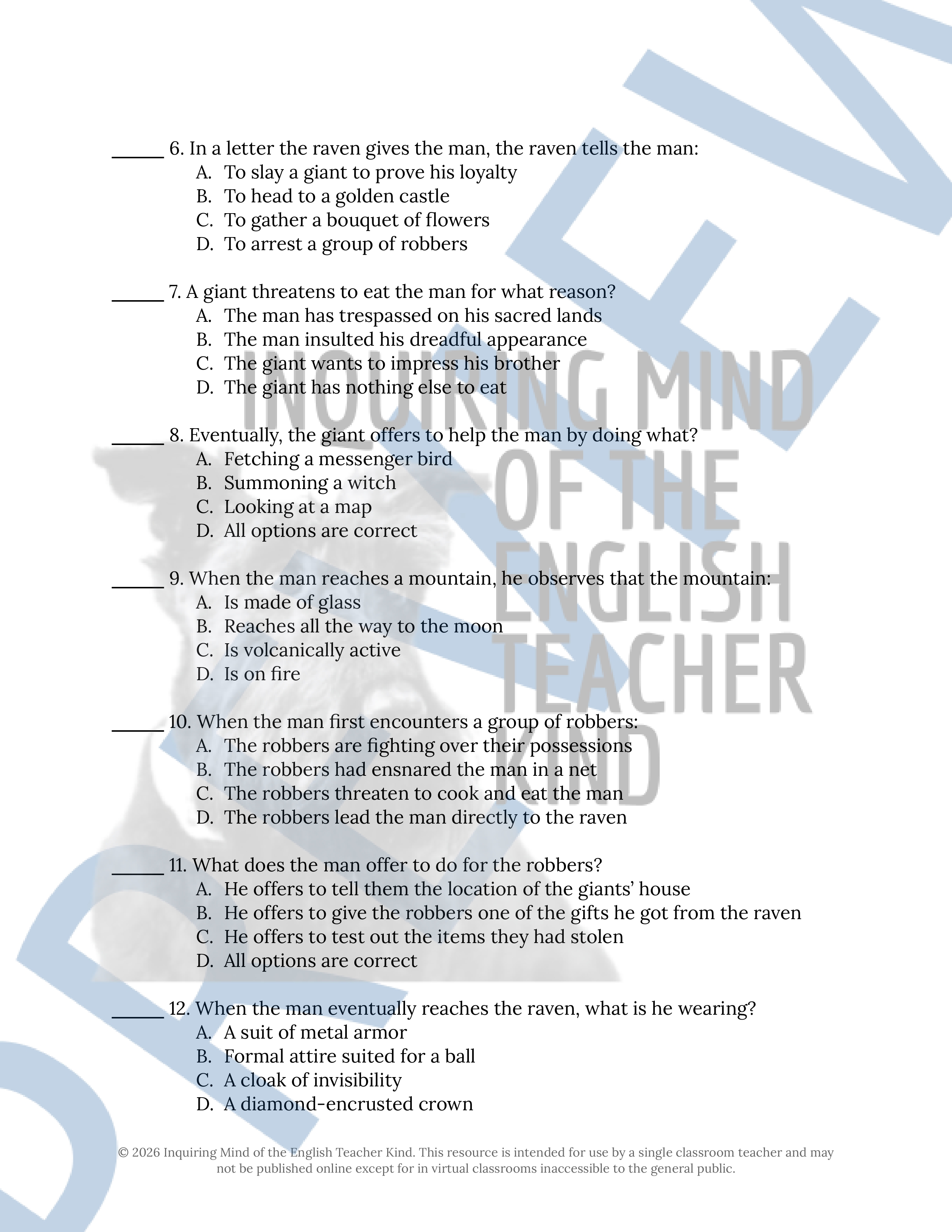 "The Raven" Quiz and Answer Key | Grimm's Fairy Tale | Reading ...
