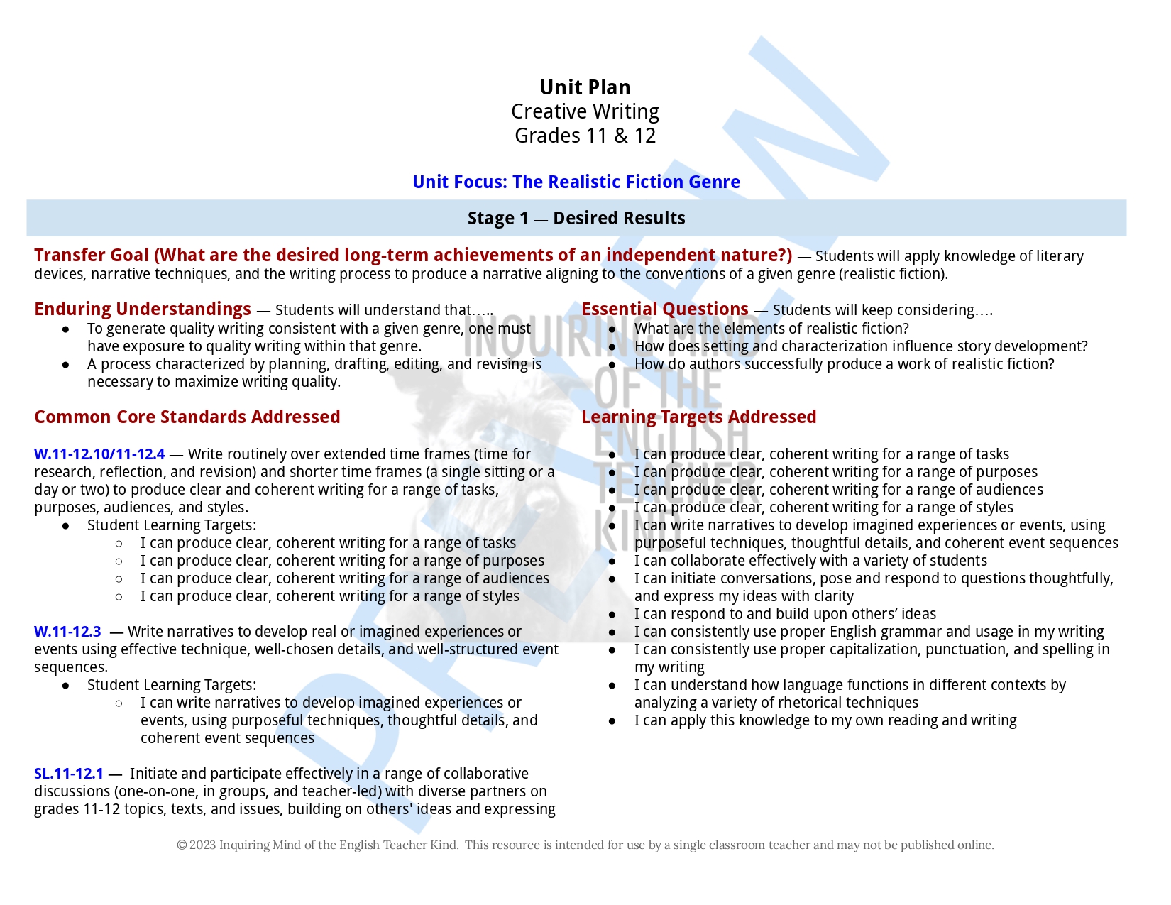 High School Creative Writing Unit Plan for Realistic Fiction | Teaching ...