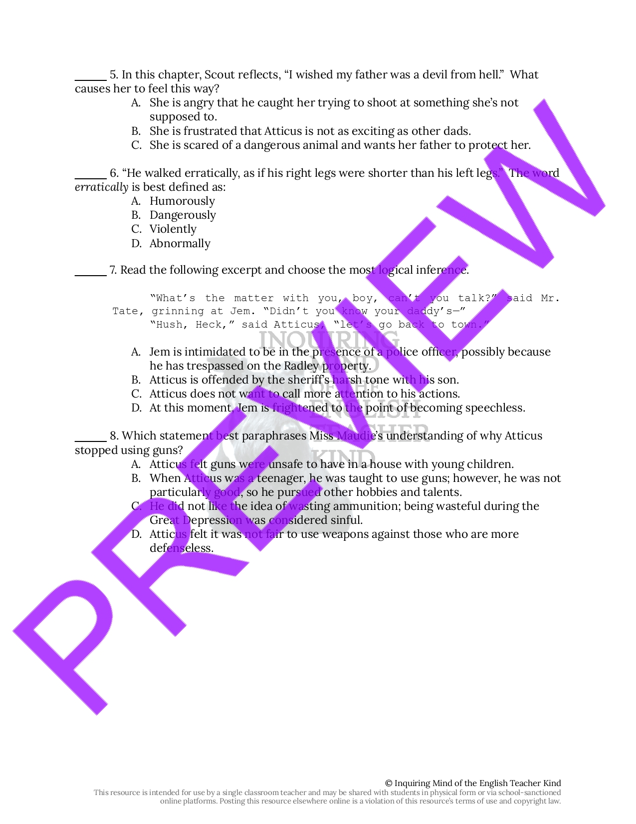 To Kill a Mockingbird Chapter 10 Close Reading Worksheet | Teaching ...