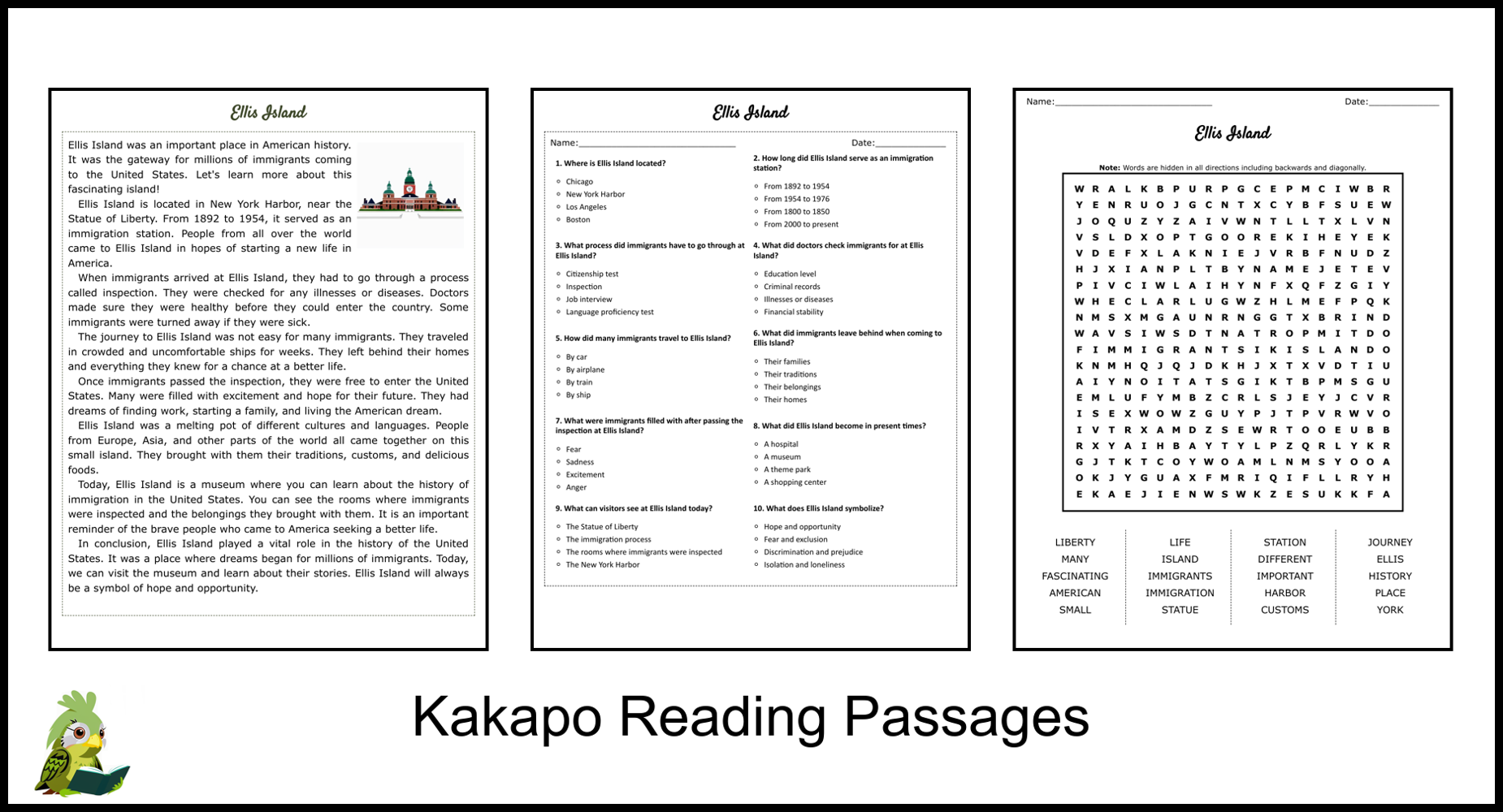 Ellis Island Reading Comprehension and Word Search | Teaching Resources