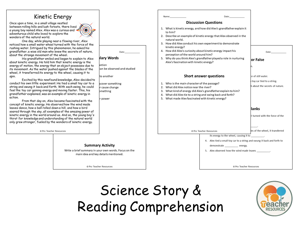 Kinetic Energy Reading Science Story Comprehension Questions Worksheet ...