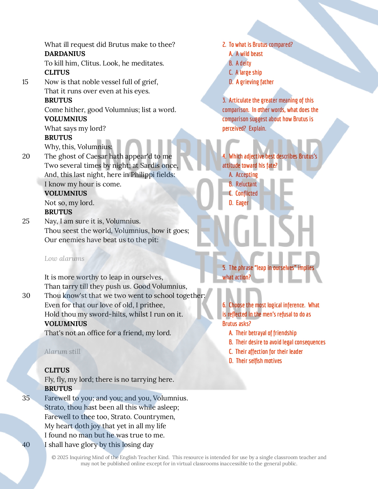 Julius Caesar Act 5 Scene 5 Close Reading Analysis Worksheet and Answer ...
