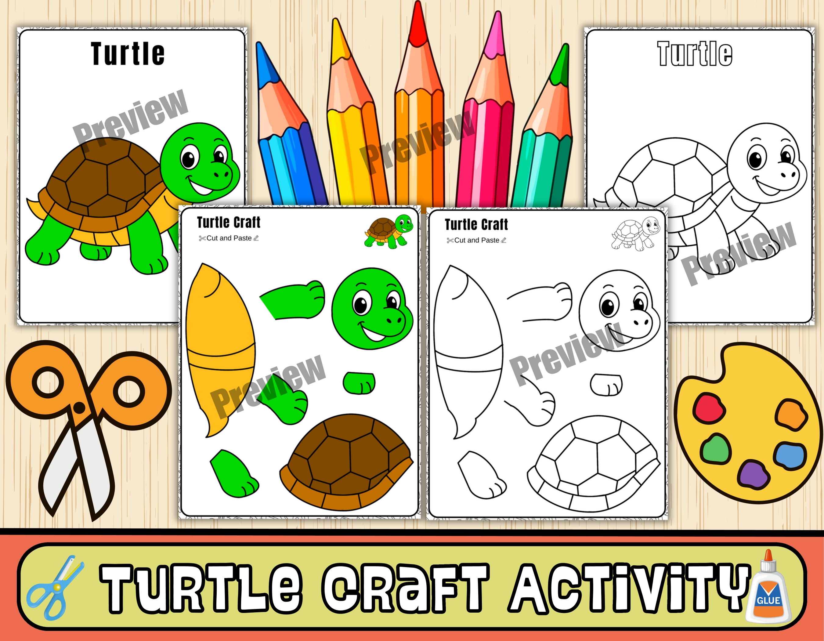 Turtle Craft Activity-Animal Craft Activity-Cut & Paste Activity-Color ...
