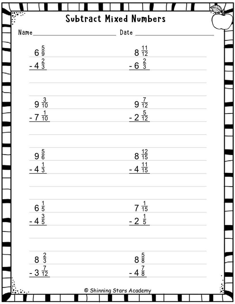 Subtracting Mixed Numbers Worksheets | Fraction & Whole Number ...