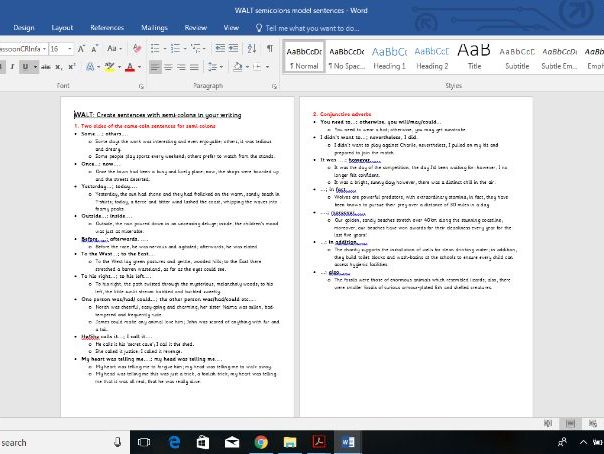 Semi-colons model sentences | Teaching Resources