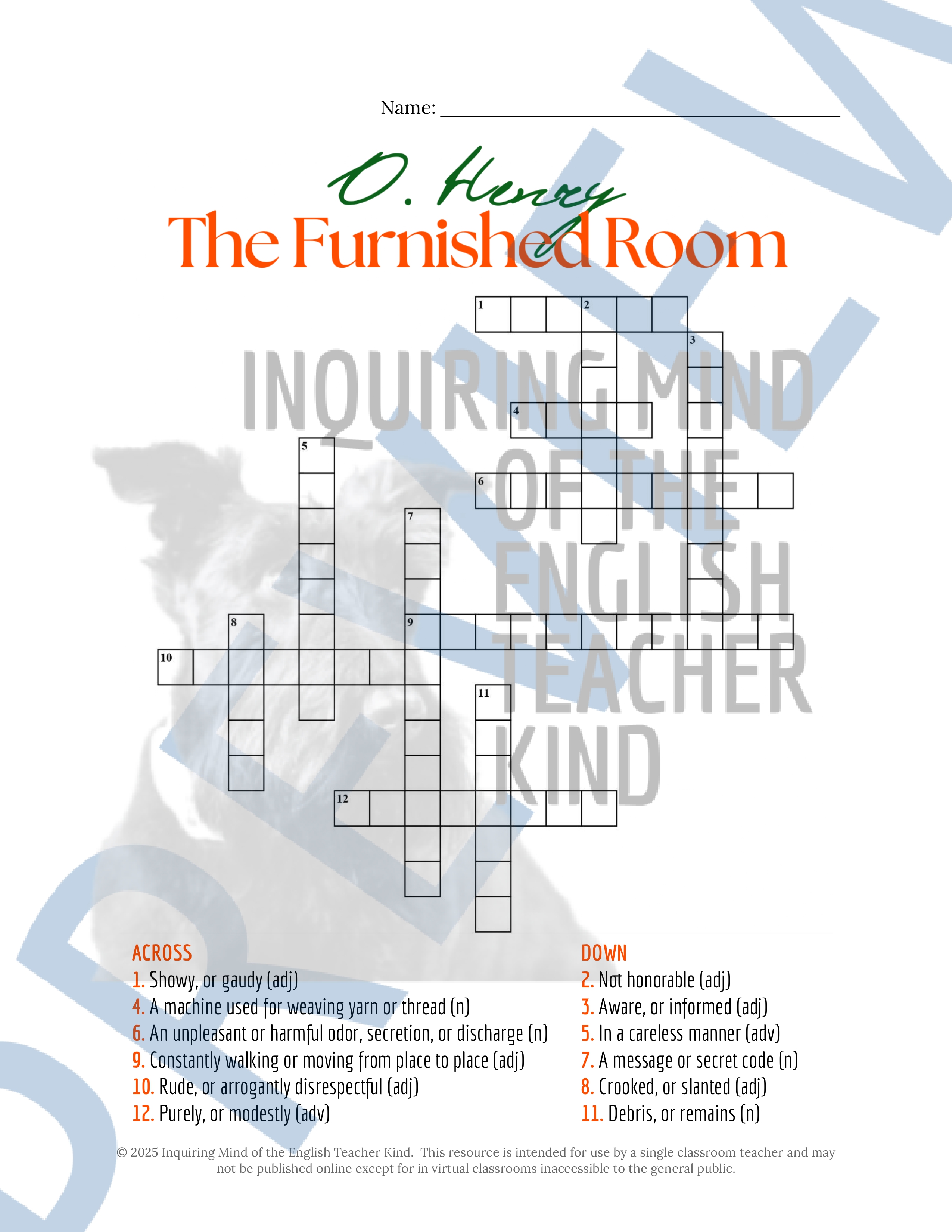 "The Furnished Room" by O. Henry Vocabulary Enrichment Activities ...