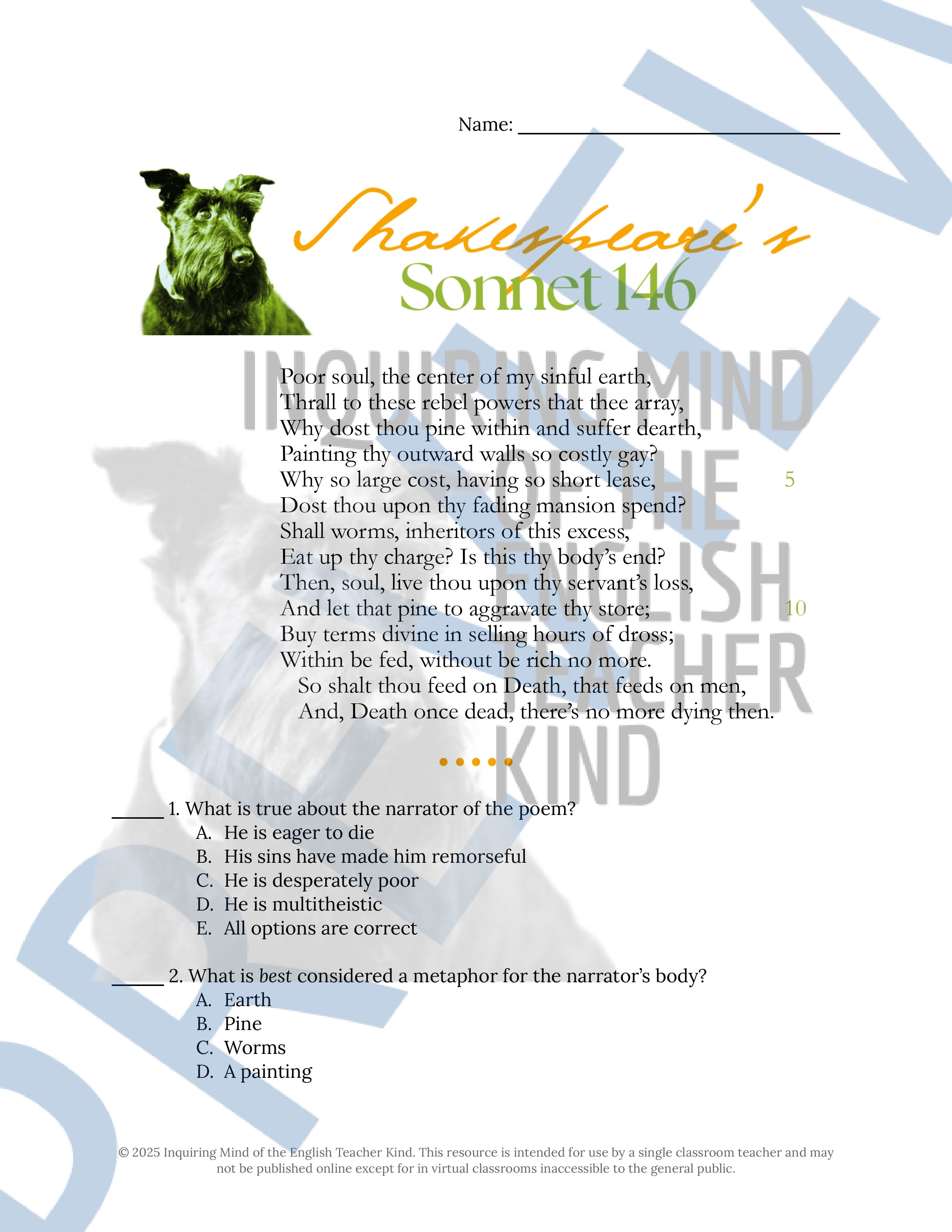 Shakespeare's Sonnet 146 Close Reading Worksheet and Answer Key ...