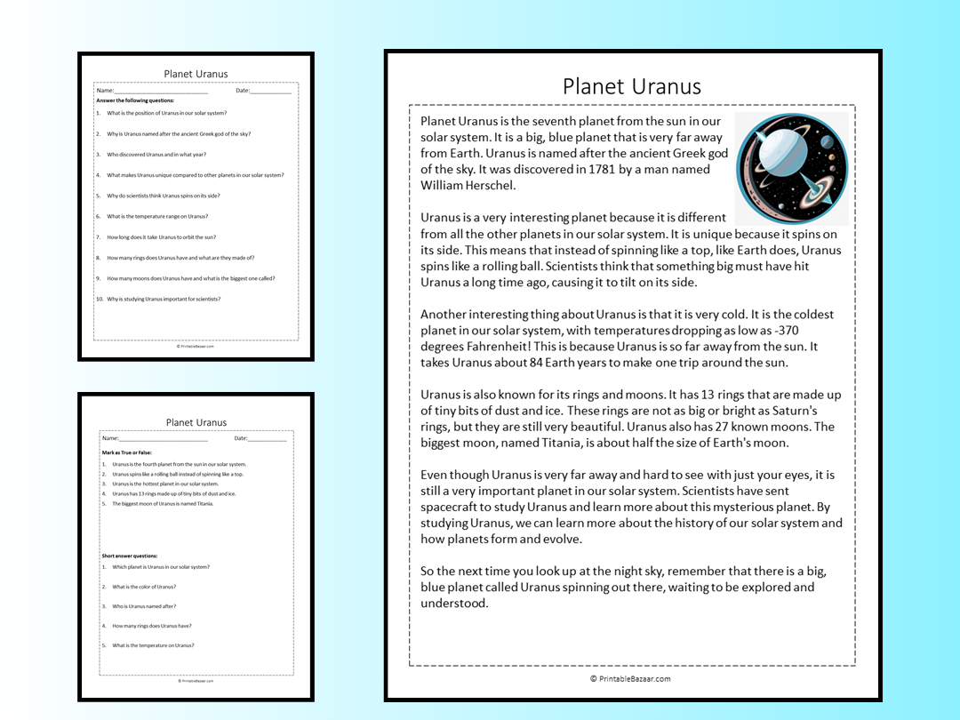 Planet Uranus Reading Comprehension Passage Printable Worksheet ...