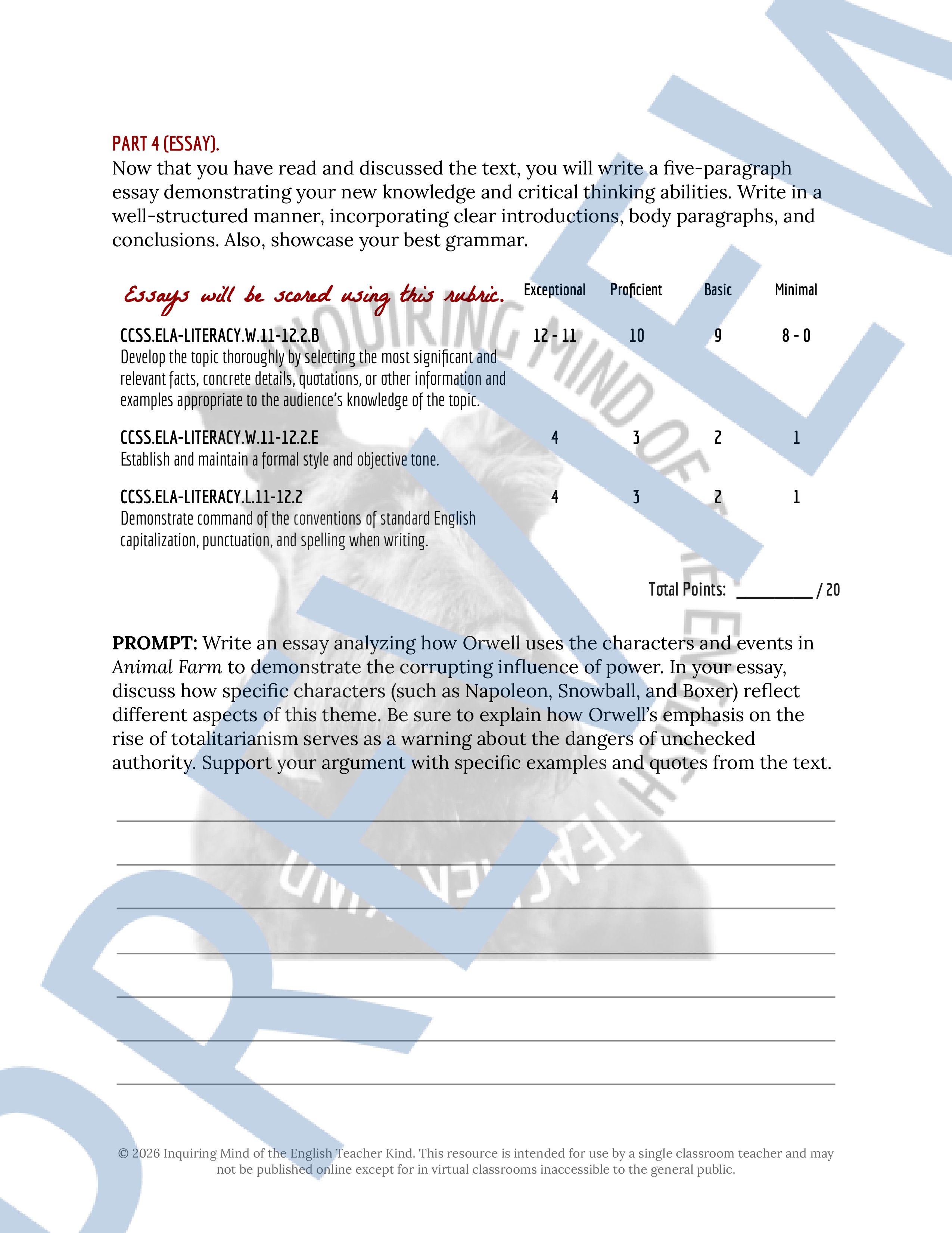 Animal Farm Test and Answer Key with Study Guide and Essay Rubric ...