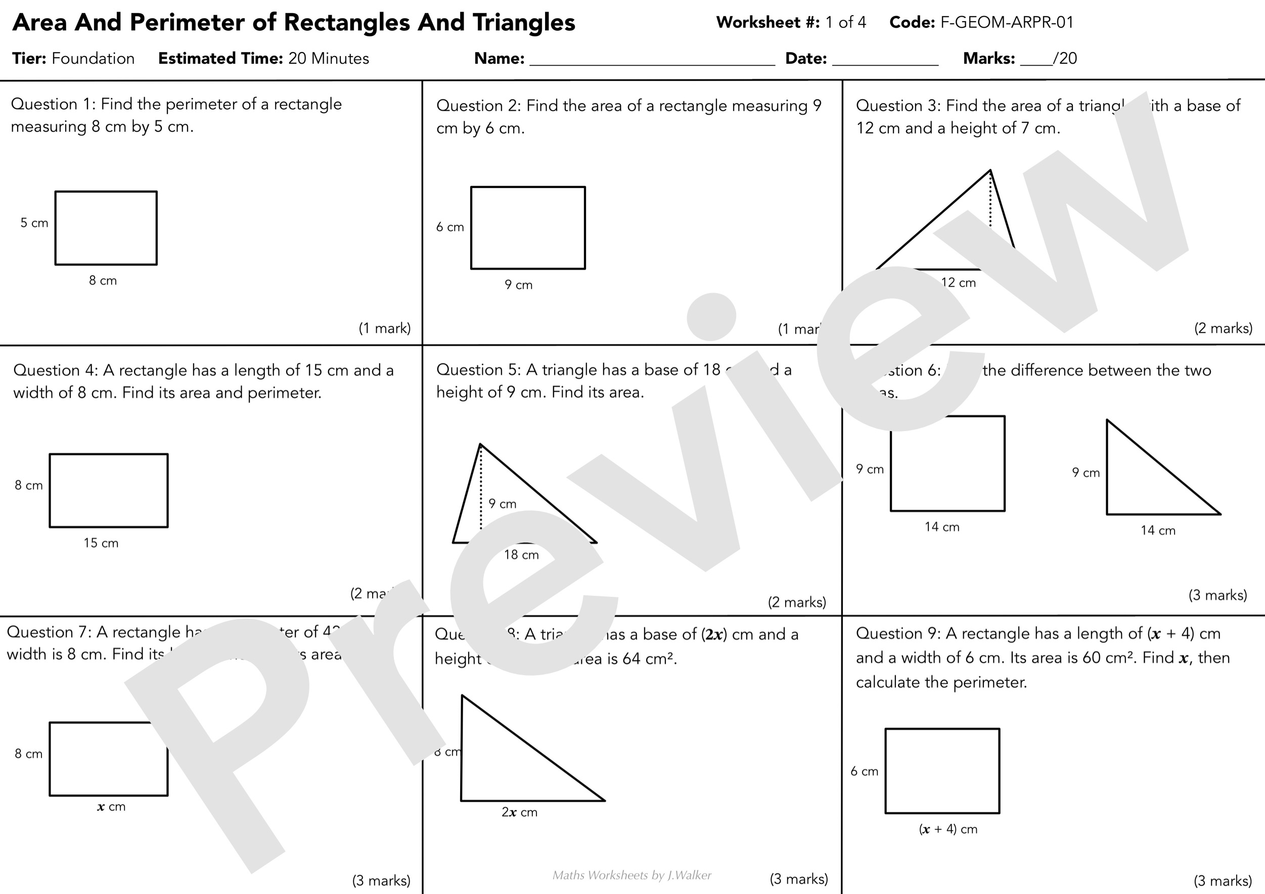 GCSE Maths Worksheet: Area and Perimeter of Rectangles and Triangles ...