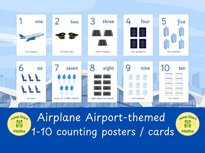 Airplane-Themed 1–10 Counting Posters & Number Cards | EYFS & KS1 Maths ...