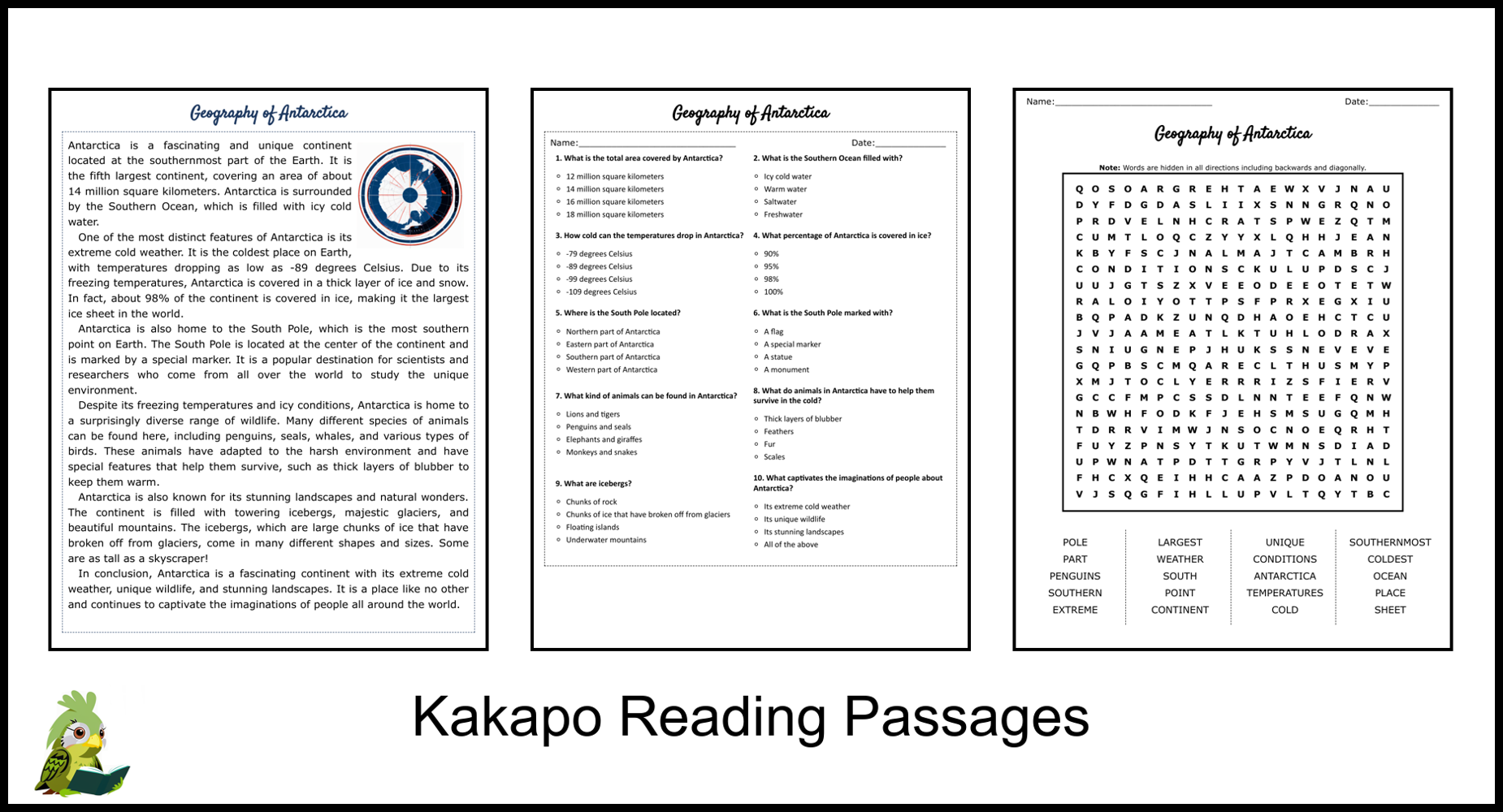 Geography of Antarctica Reading Comprehension and Word Search ...