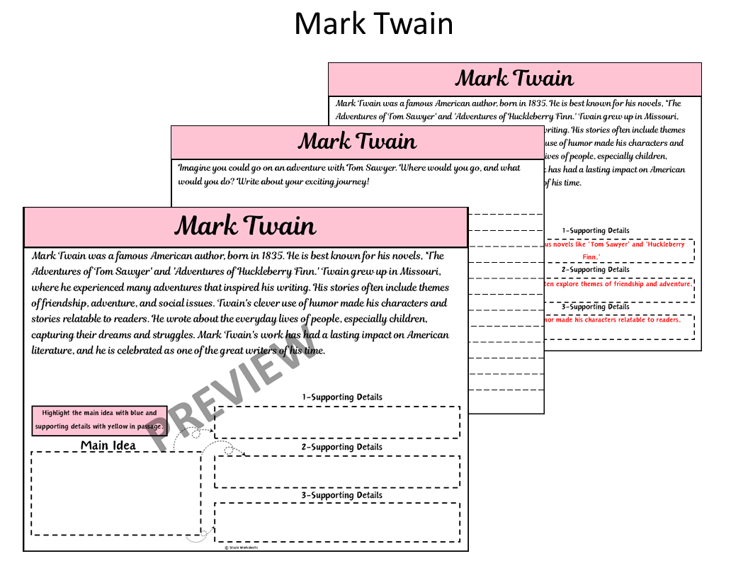 Mark Twain | Main Idea and Supporting Details Reading Passage and ...