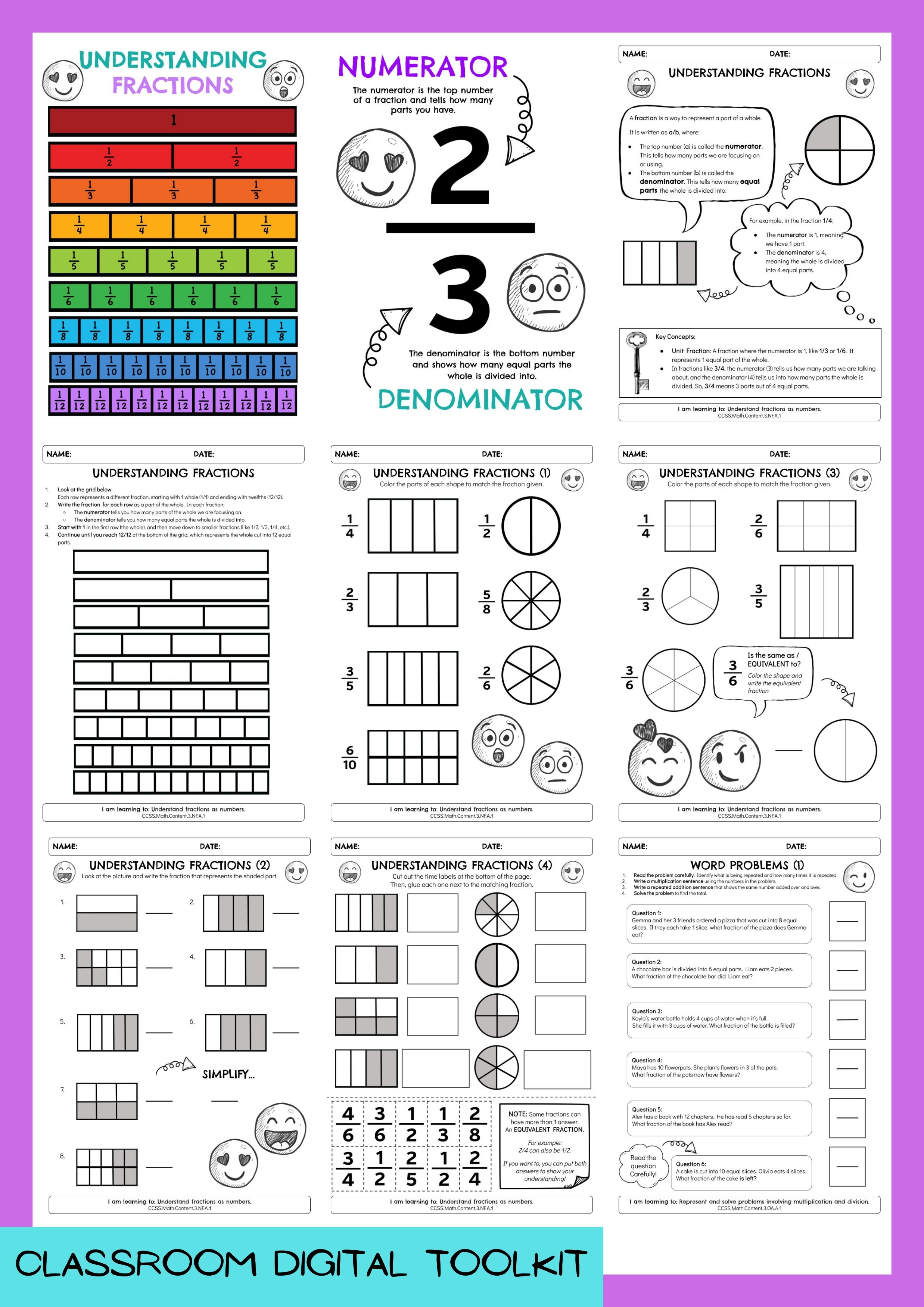 WORKSHEETS - UNDERSTANDING FRACTIONS (CCSS.Math.Content.3.NF.A.1) EMOJI ...