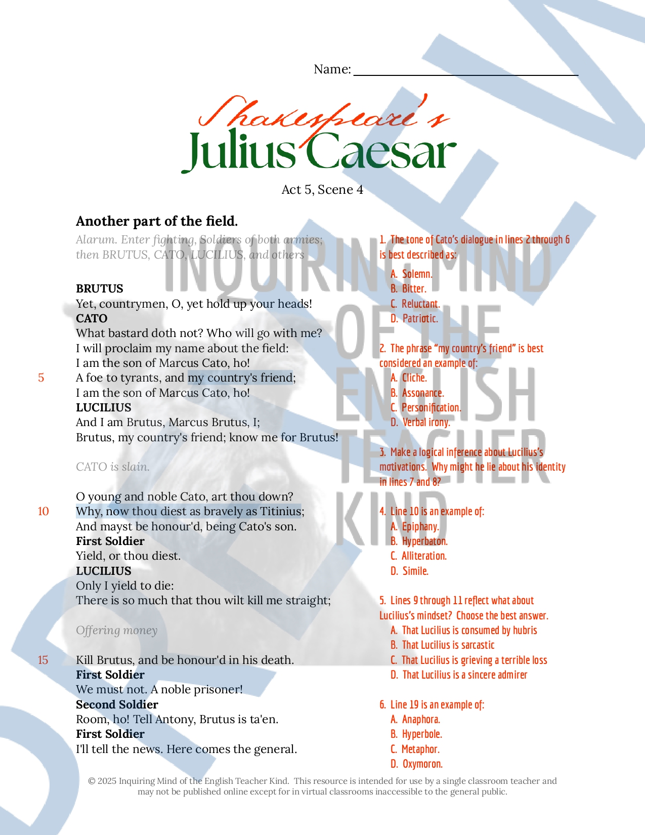 Julius Caesar Act 5 Scene 4 Close Reading Analysis Worksheet and Answer ...