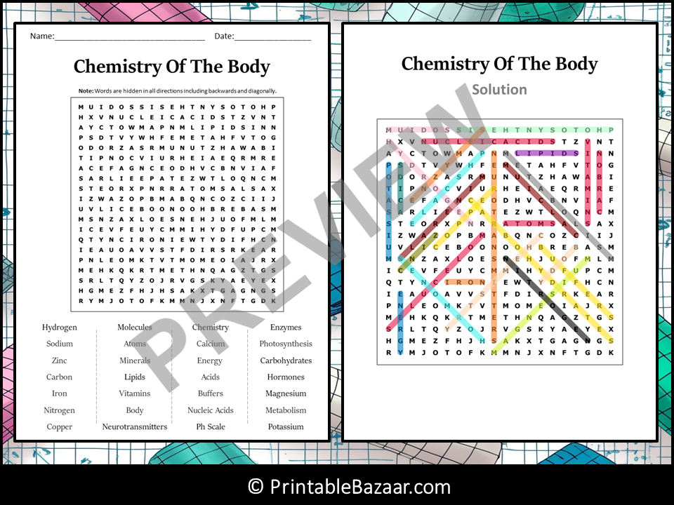 Chemistry Of The Body Word Search Puzzle Worksheet Activity | Teaching ...