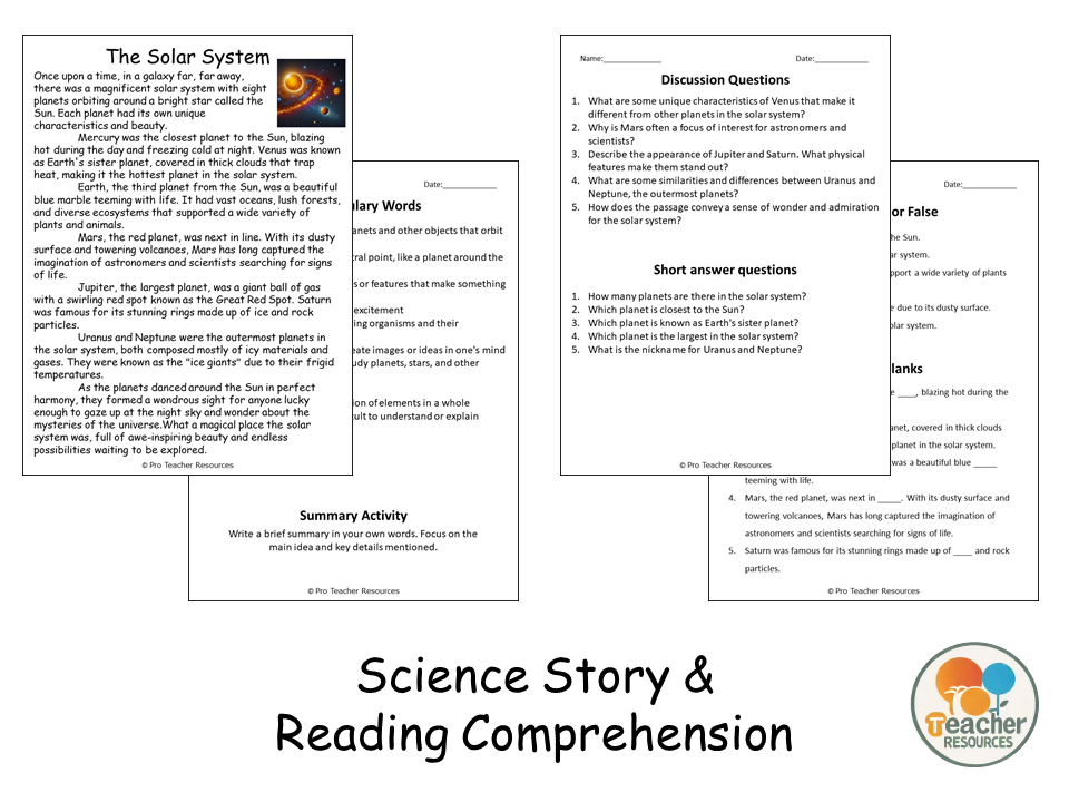 The Solar System Reading Science Story Comprehension Questions ...