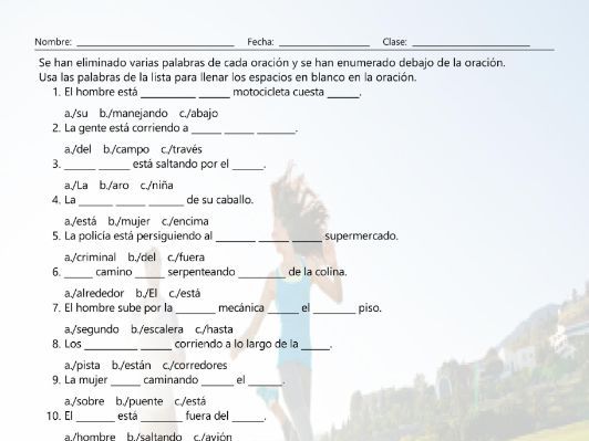 Movement Prepositions Missing Words Spanish Worksheet | Teaching Resources