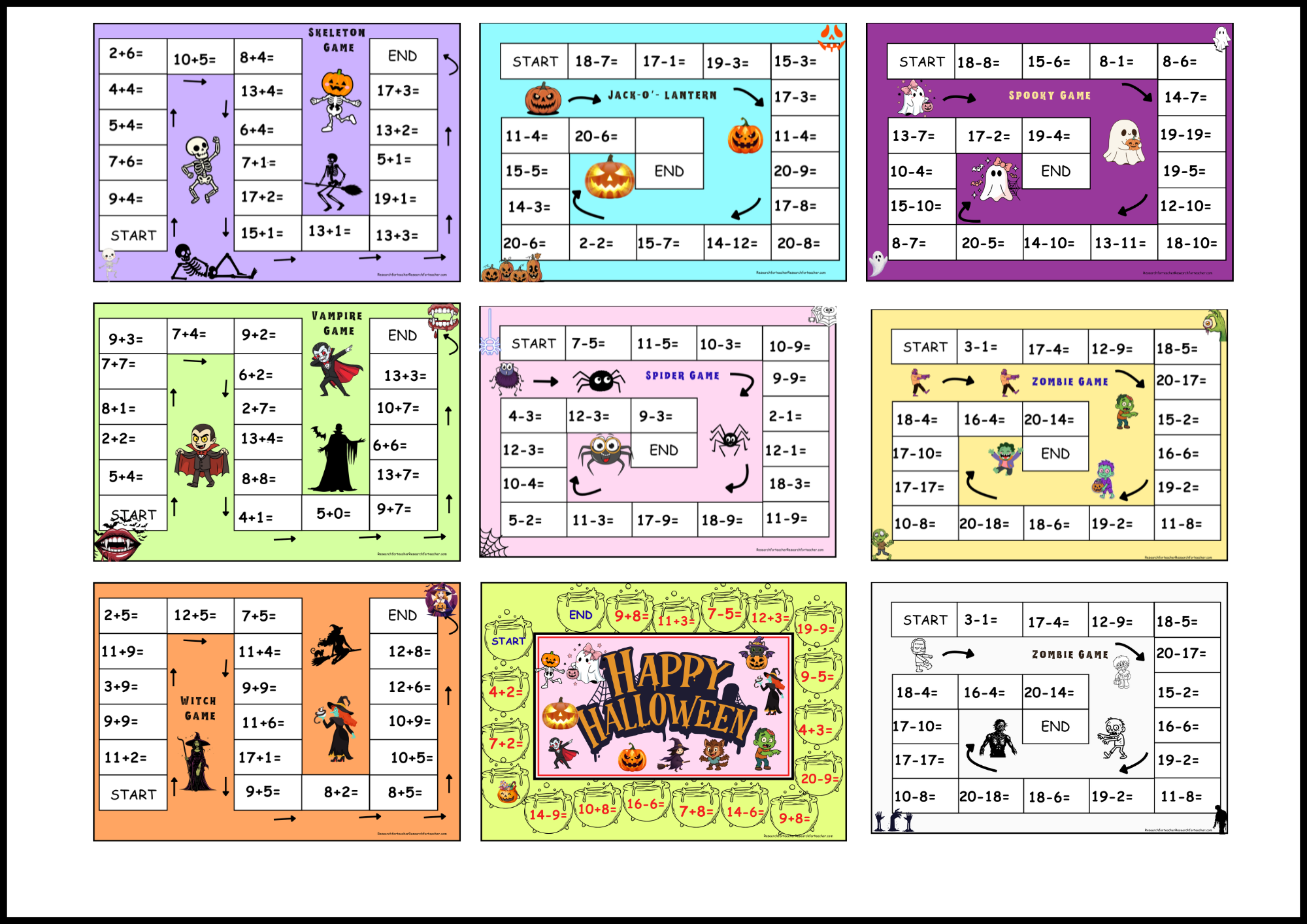 Addition and Subtraction Within 20 Halloween Worksheets | Teaching ...