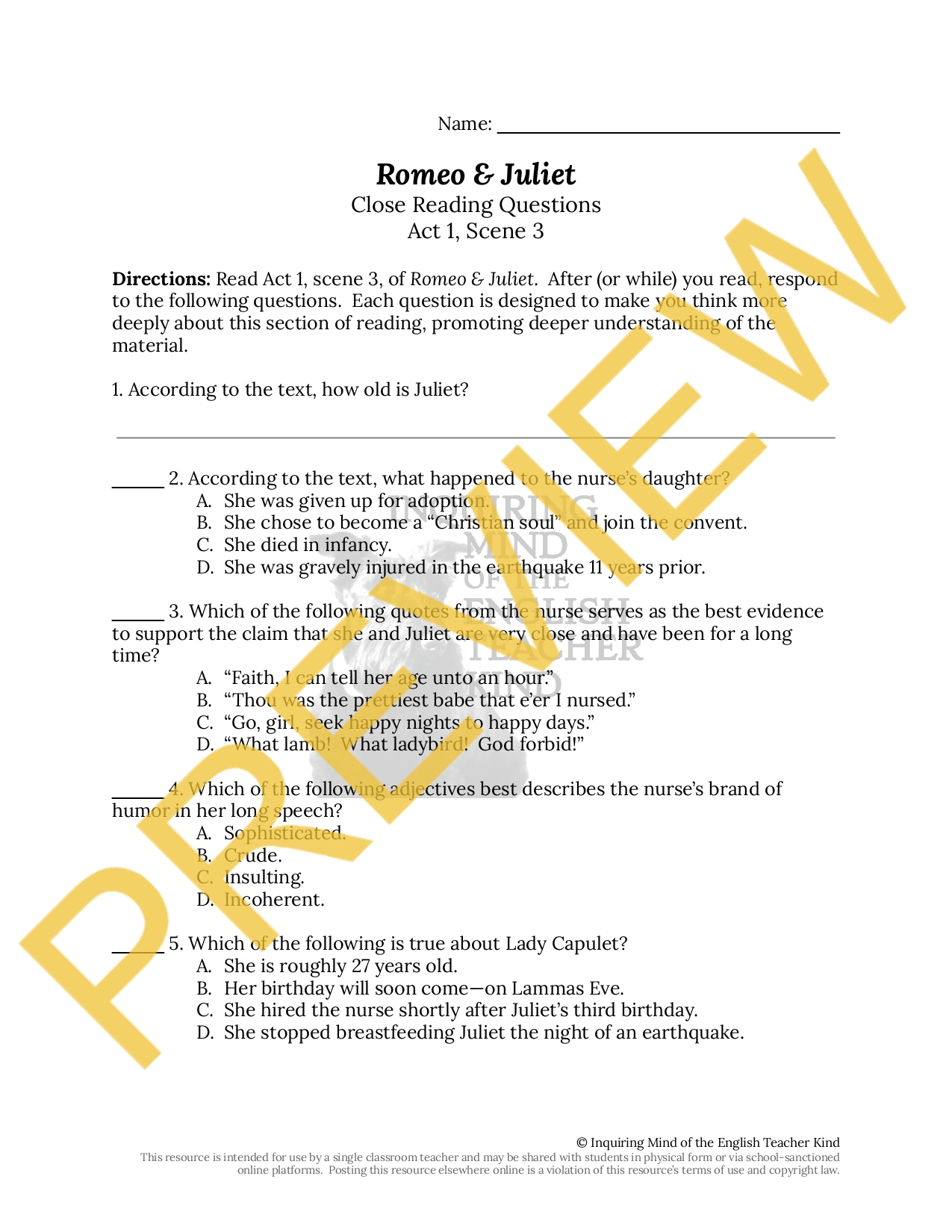 Romeo and Juliet Act 1 Scene 3 Close Reading Worksheet | Teaching Resources