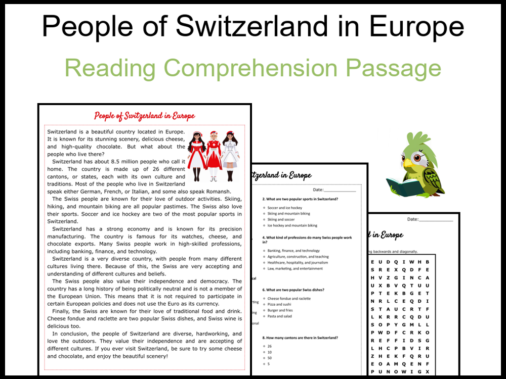 People of Switzerland in Europe Reading Comprehension and Word Search ...