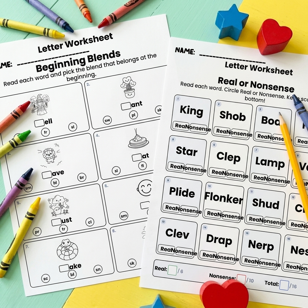 Beginning Blends and Real or Nonsense Words Worksheets for K–2 Phonics ...