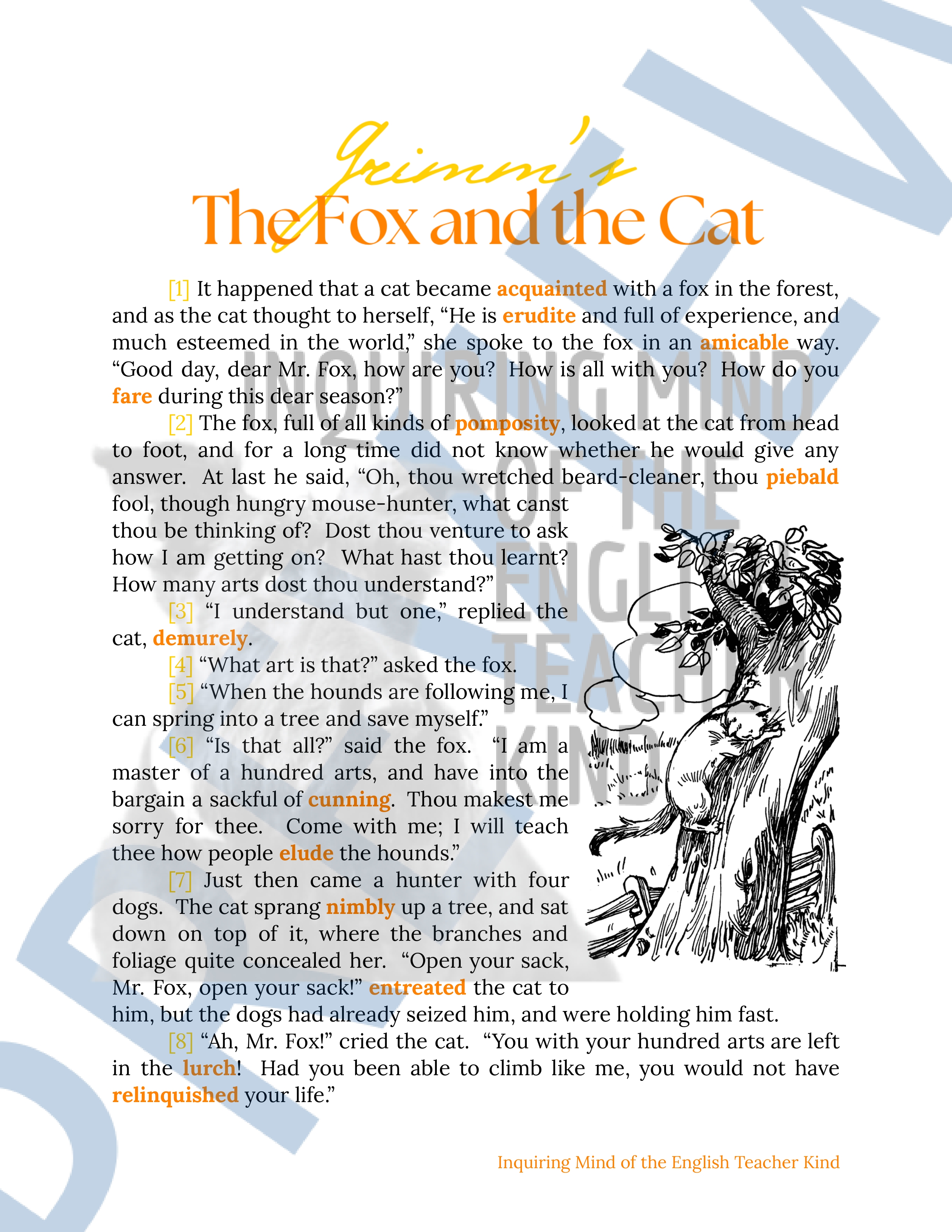 "The Fox and the Cat" Close Reading Analysis Worksheet | Brothers Grimm ...